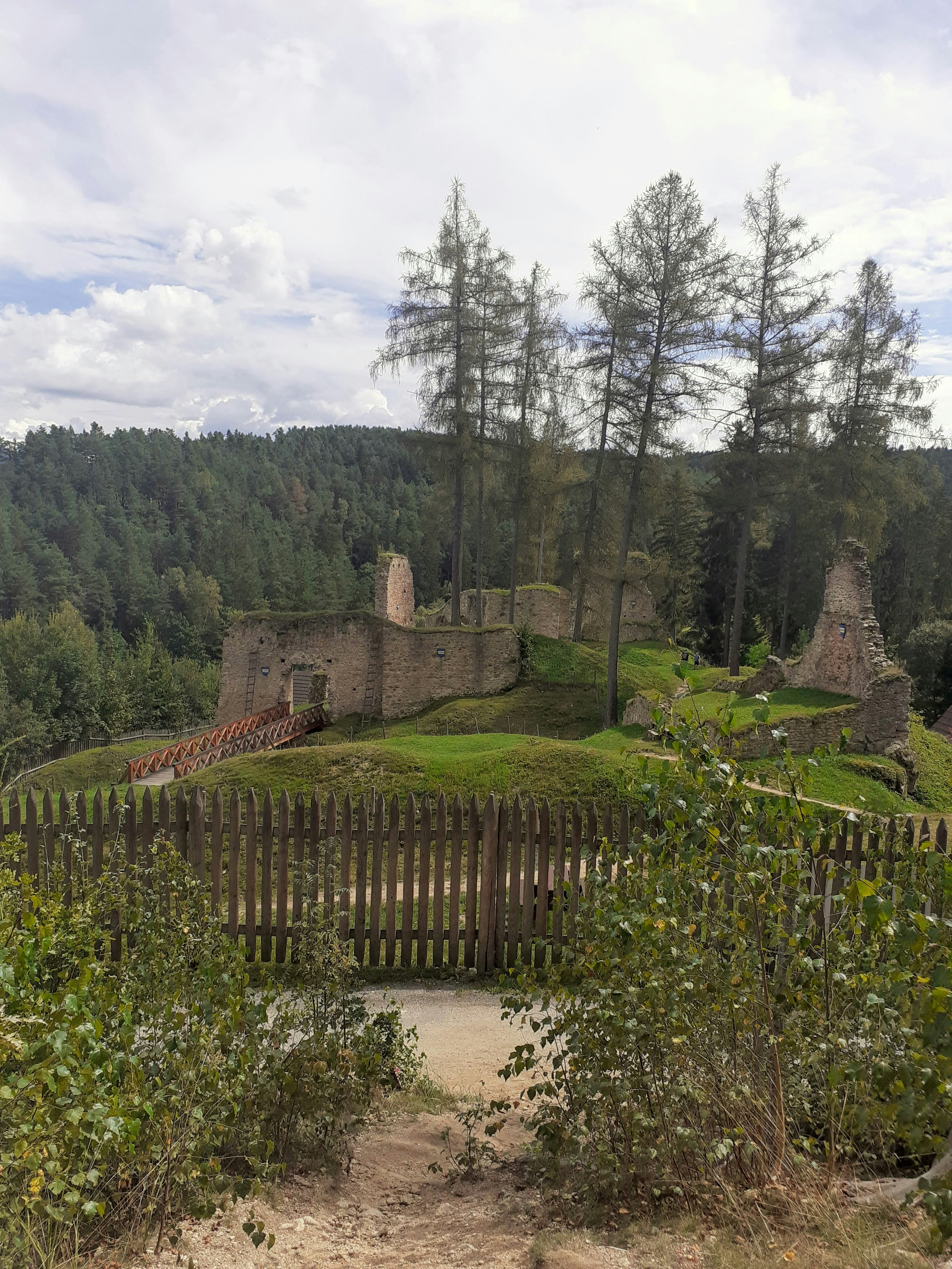 Stone castle ruins on a grassy hill, framed by a weathered wooden fence and tall pines, with a dense forest backdrop.