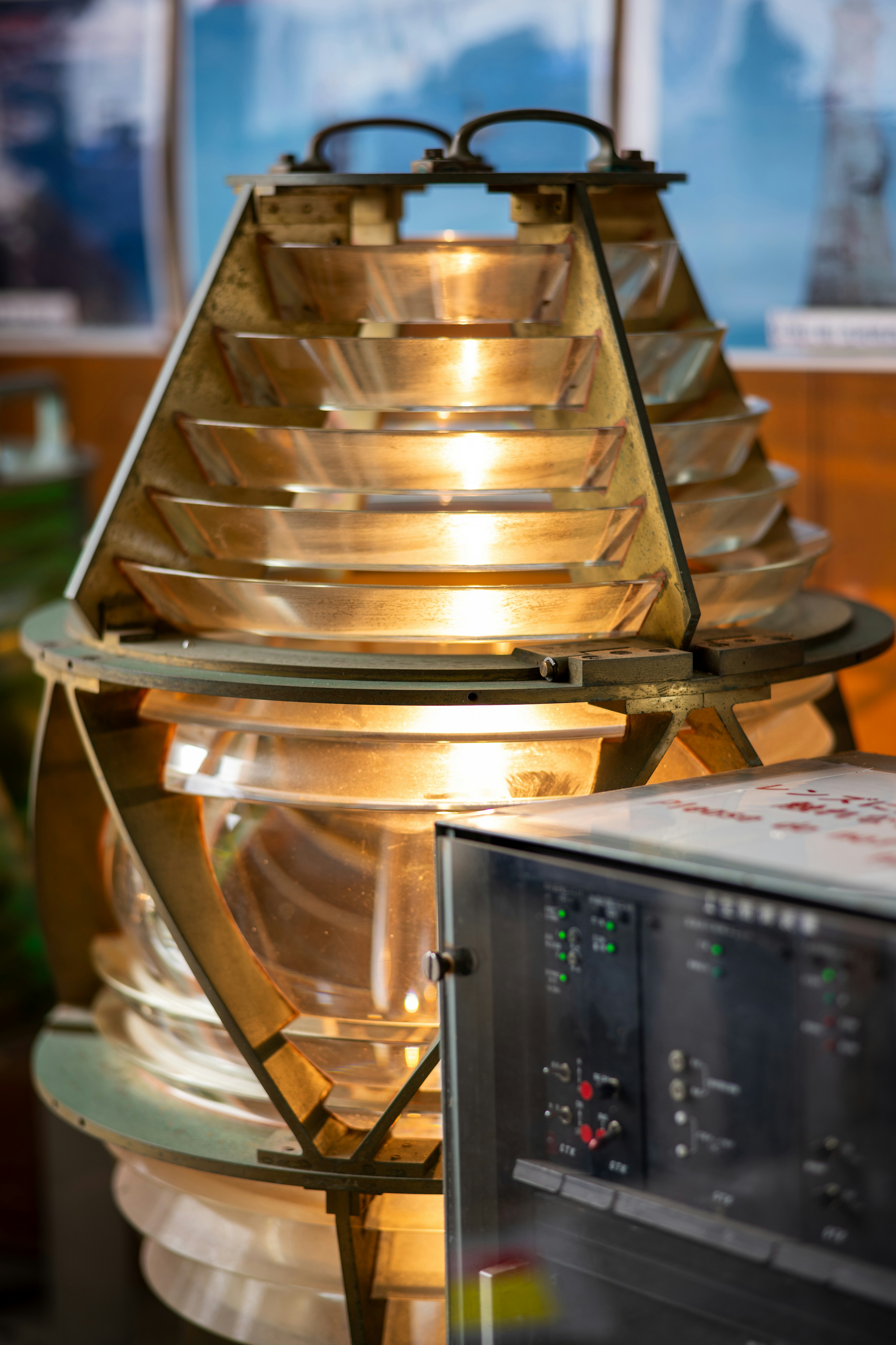 Concentric Beacon: A Vintage Fresnel Lantern Illuminates the Frame