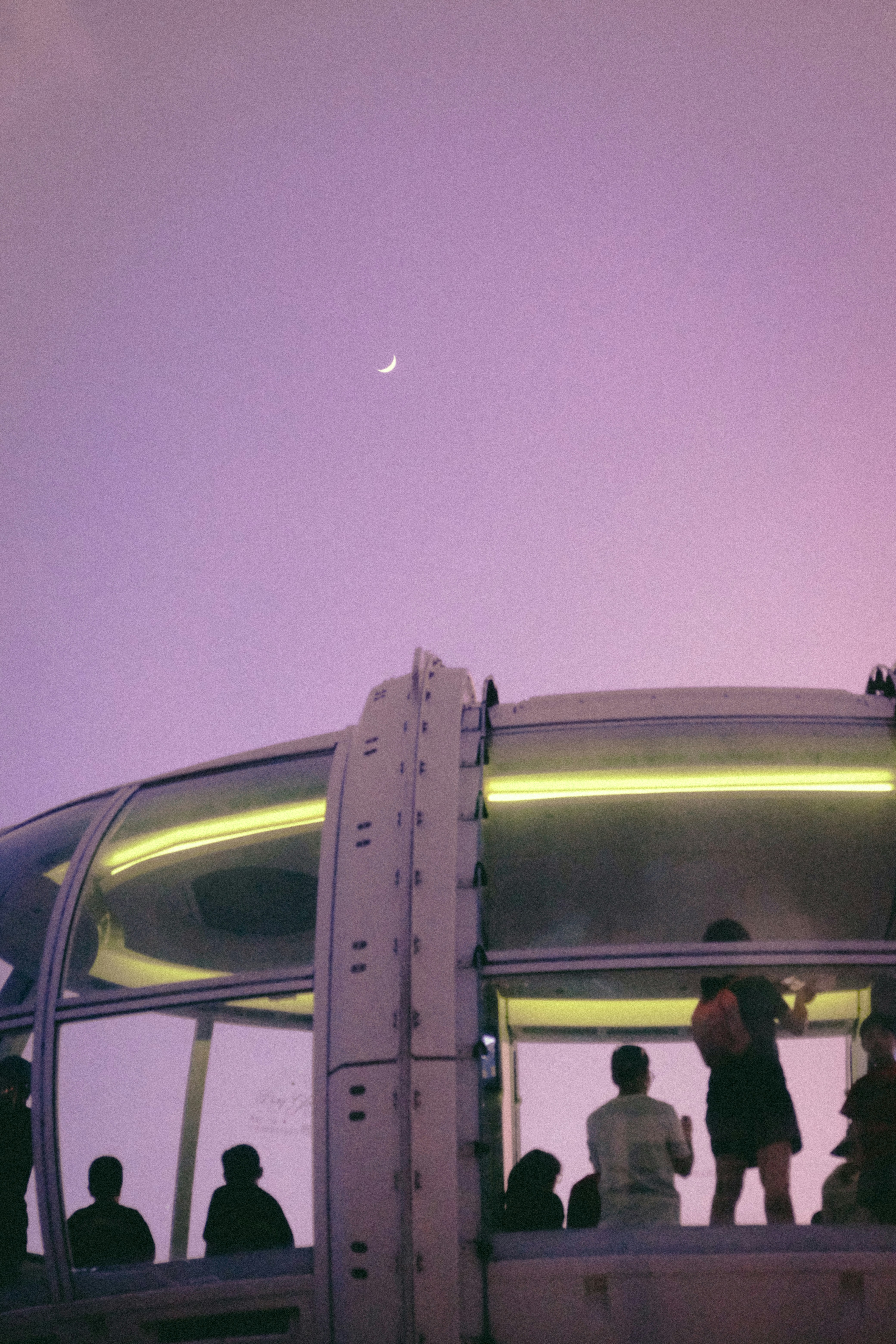 Crescent Over the Neon Capsule: Twilight in a Glass Skyway