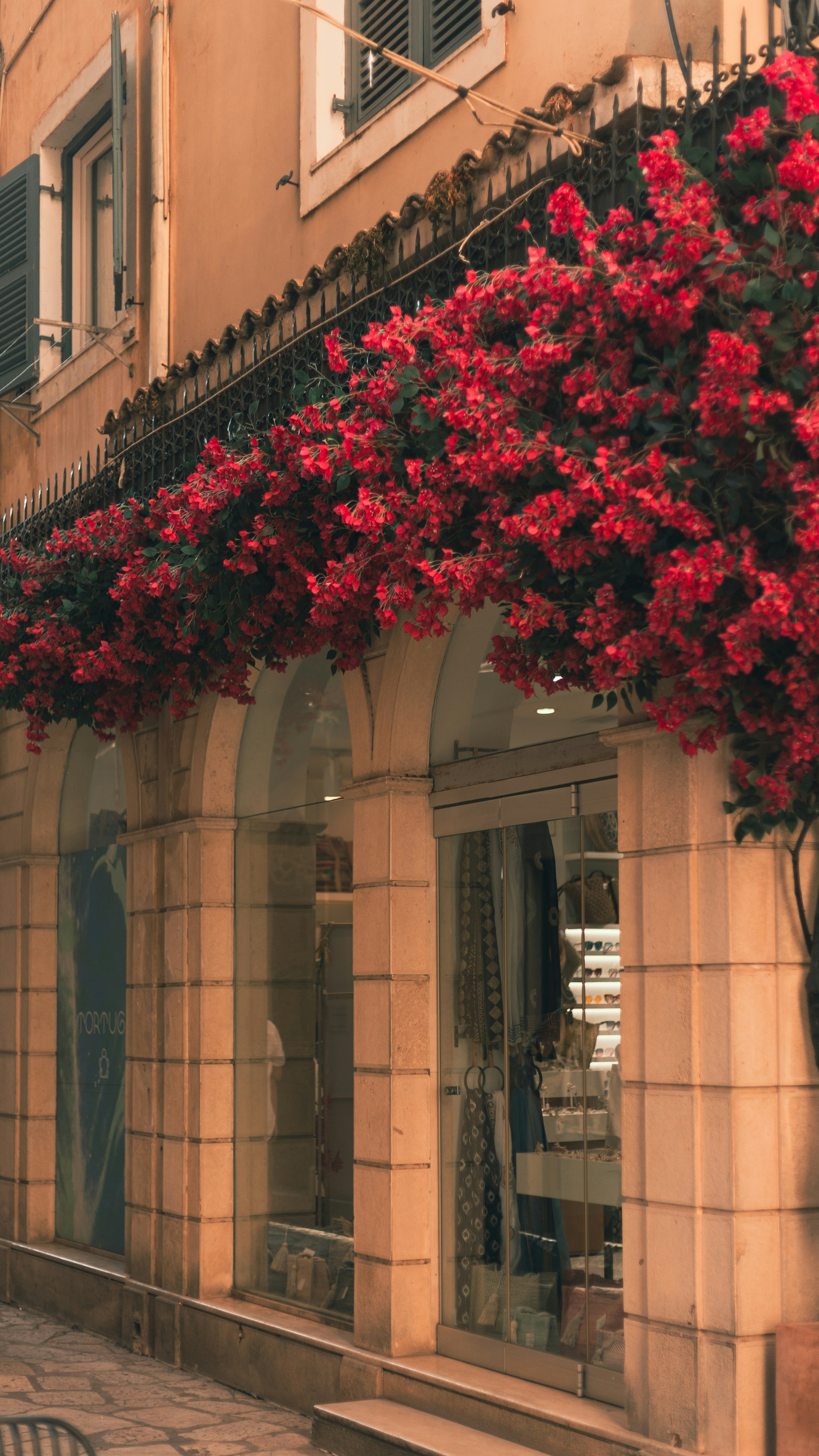 Crimson Bougainvillea Drapes a Stone Arcade Over a Quiet Boutique