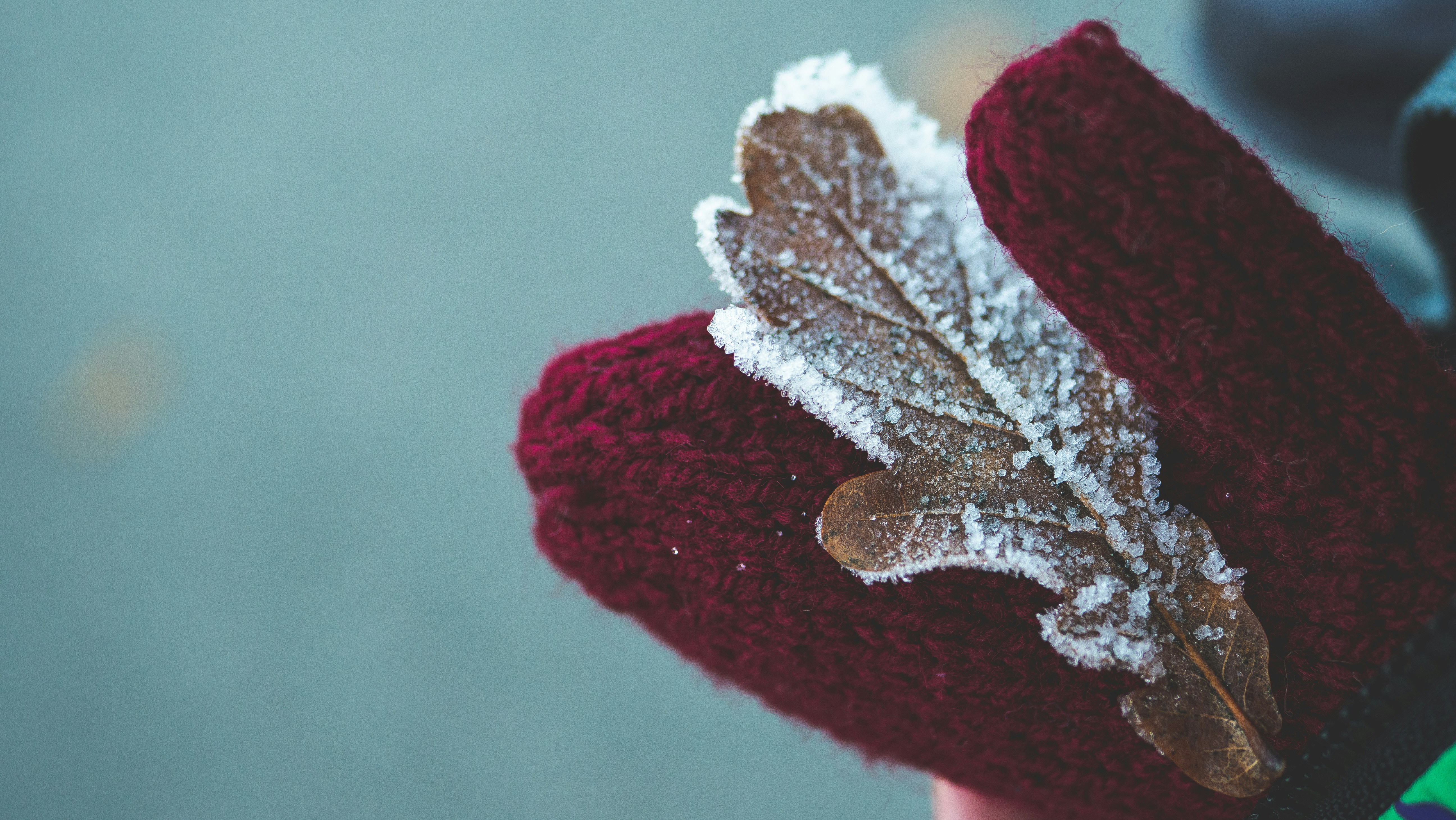 A close up of a person's hand with a knitted hat with a