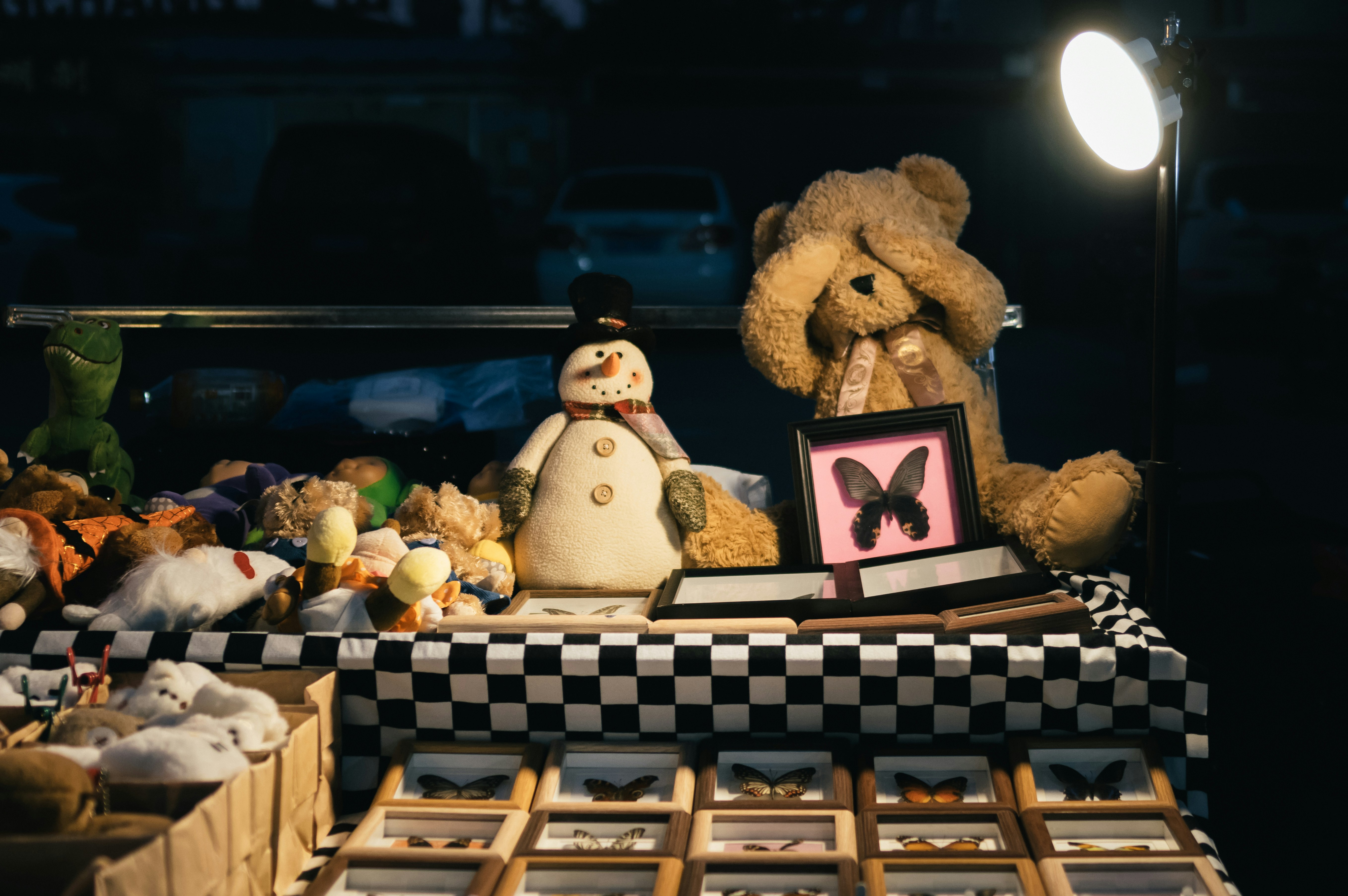 Night-lit still-life photograph of a plush toy display, featuring a central snowman, a framed butterfly, and a row of stuffed animals on a checkerboard cloth.