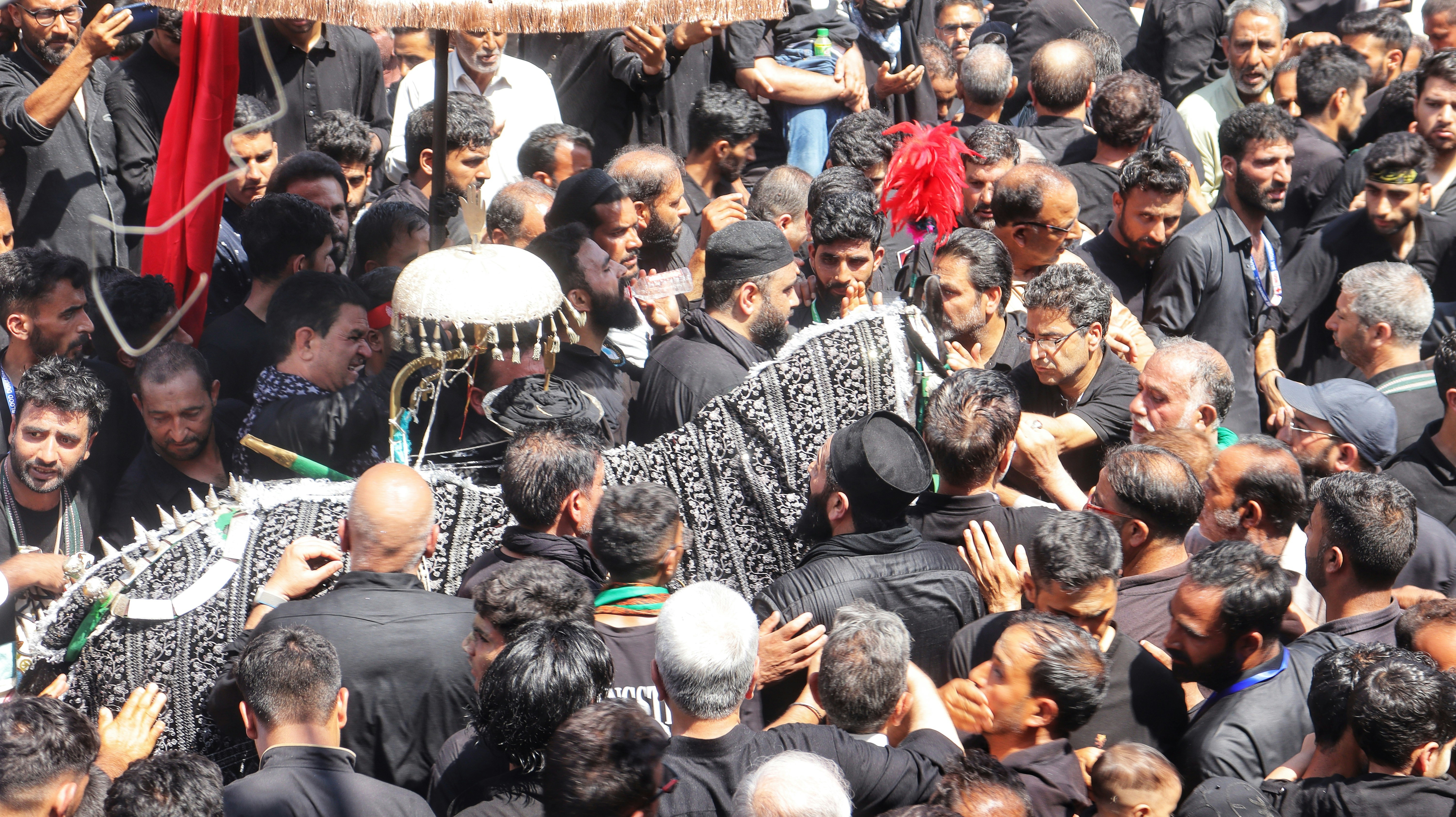 Crowd of Shiite Muslims gathered for the Zuljanah procession during Muharram, showcasing deep cultural and religious participation.