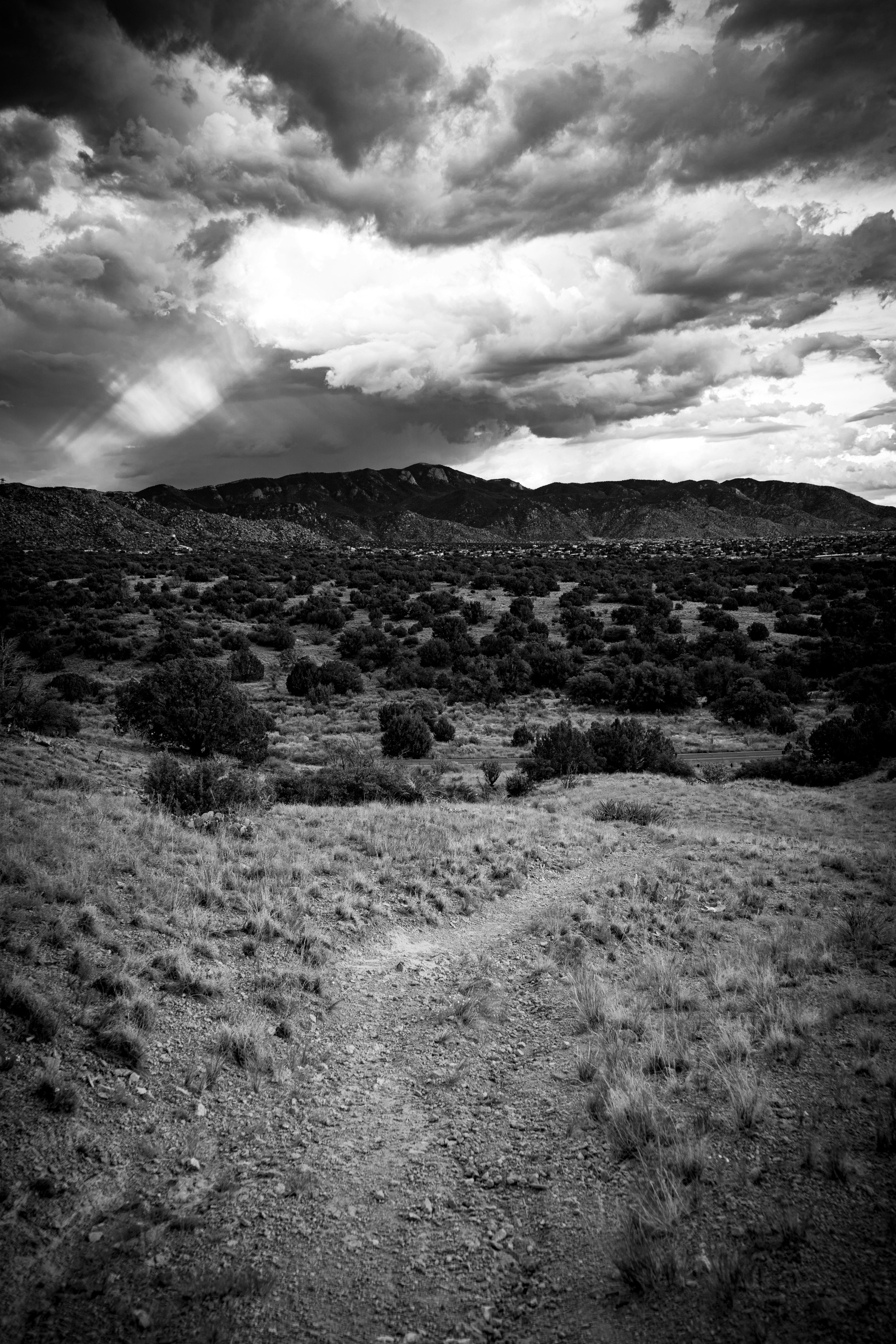 A winding dirt path leads through a sparse desert landscape under dramatic clouds, hinting at an approaching storm.