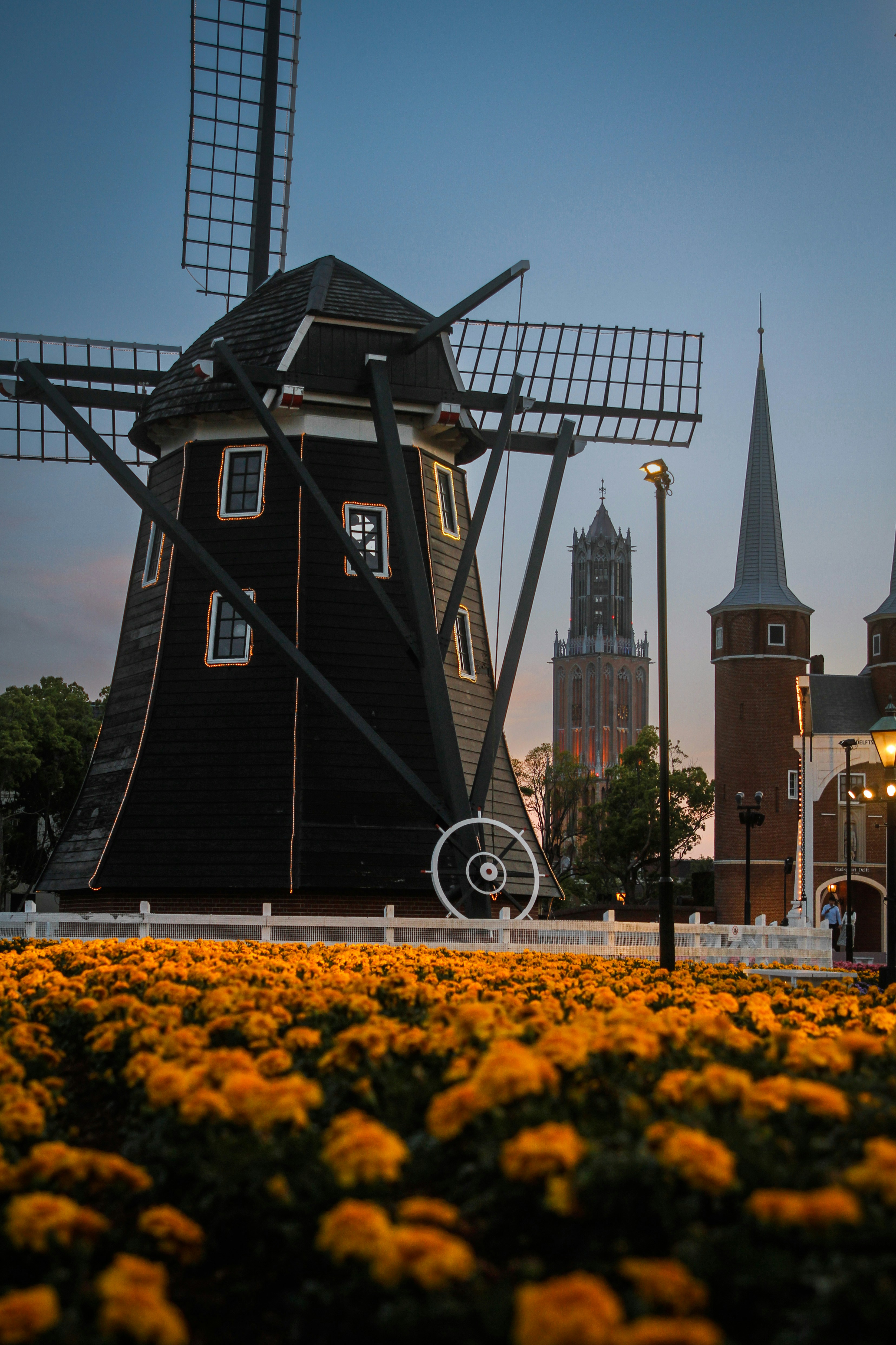 Windmill at dusk: a quiet courtyard framed by marigolds and distant spires