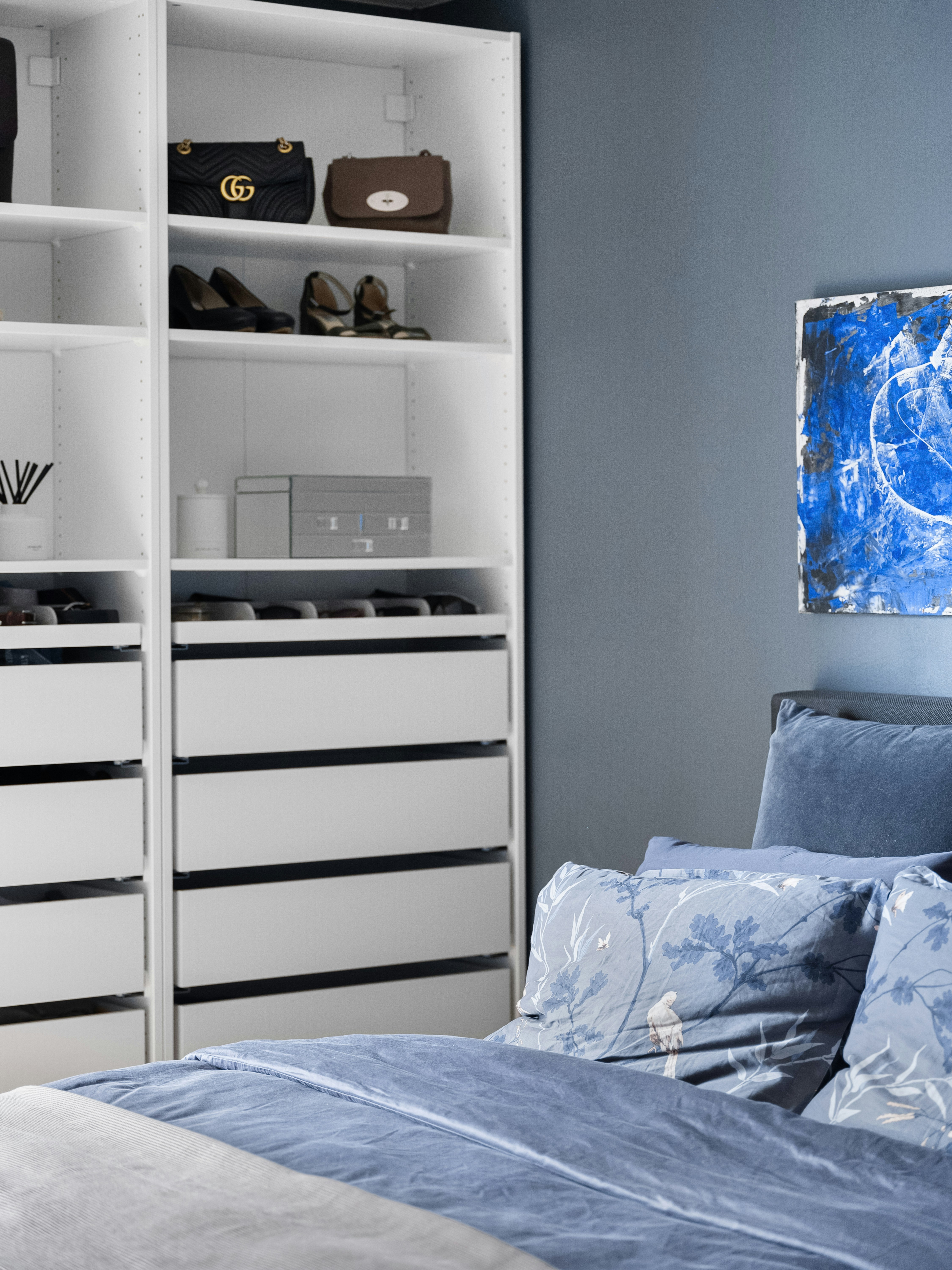 A bedroom with blue walls and a white bookcase photo – Free Indoors ...