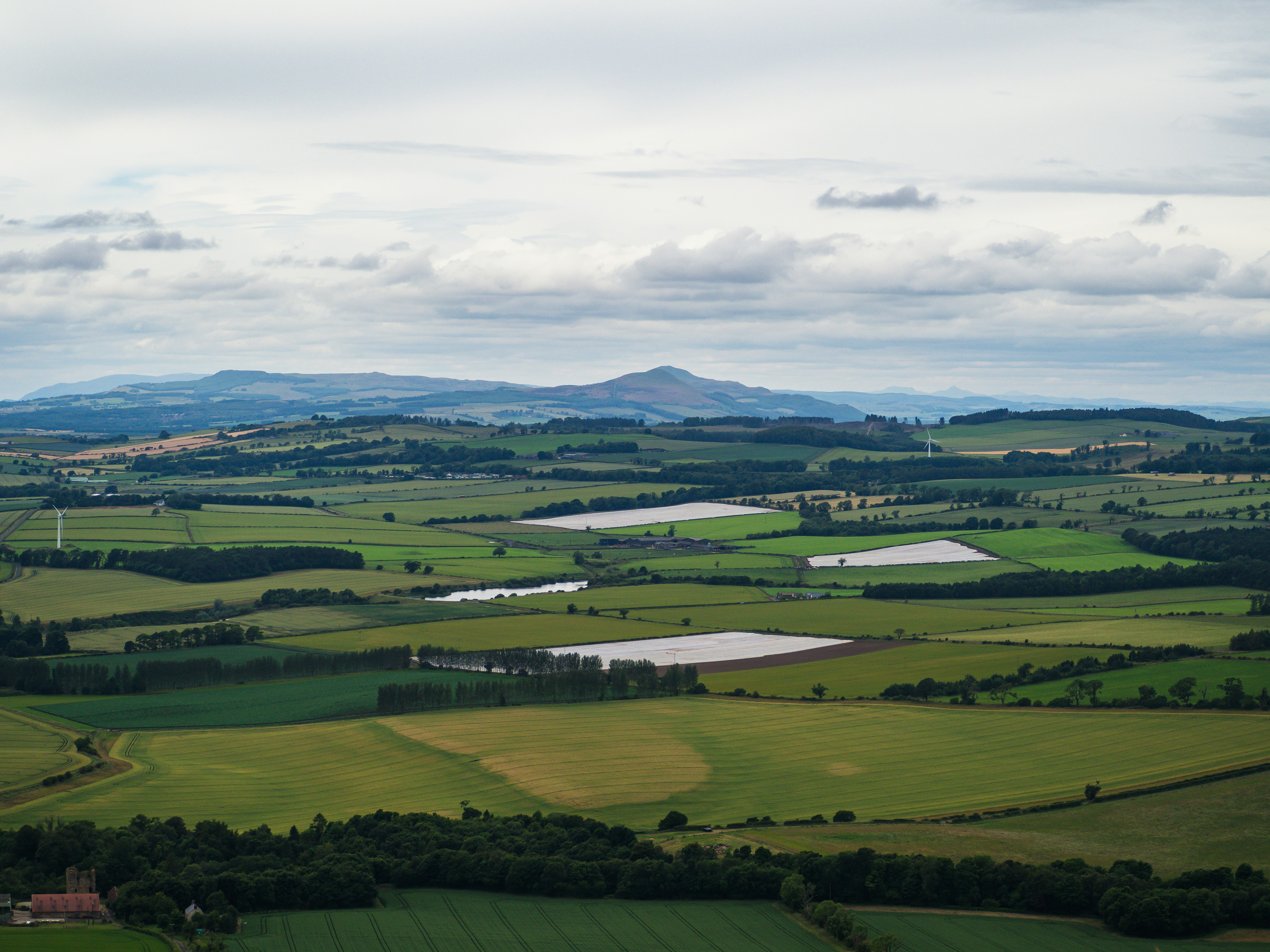 An aerial view of a green field with a lake in the distance photo ...