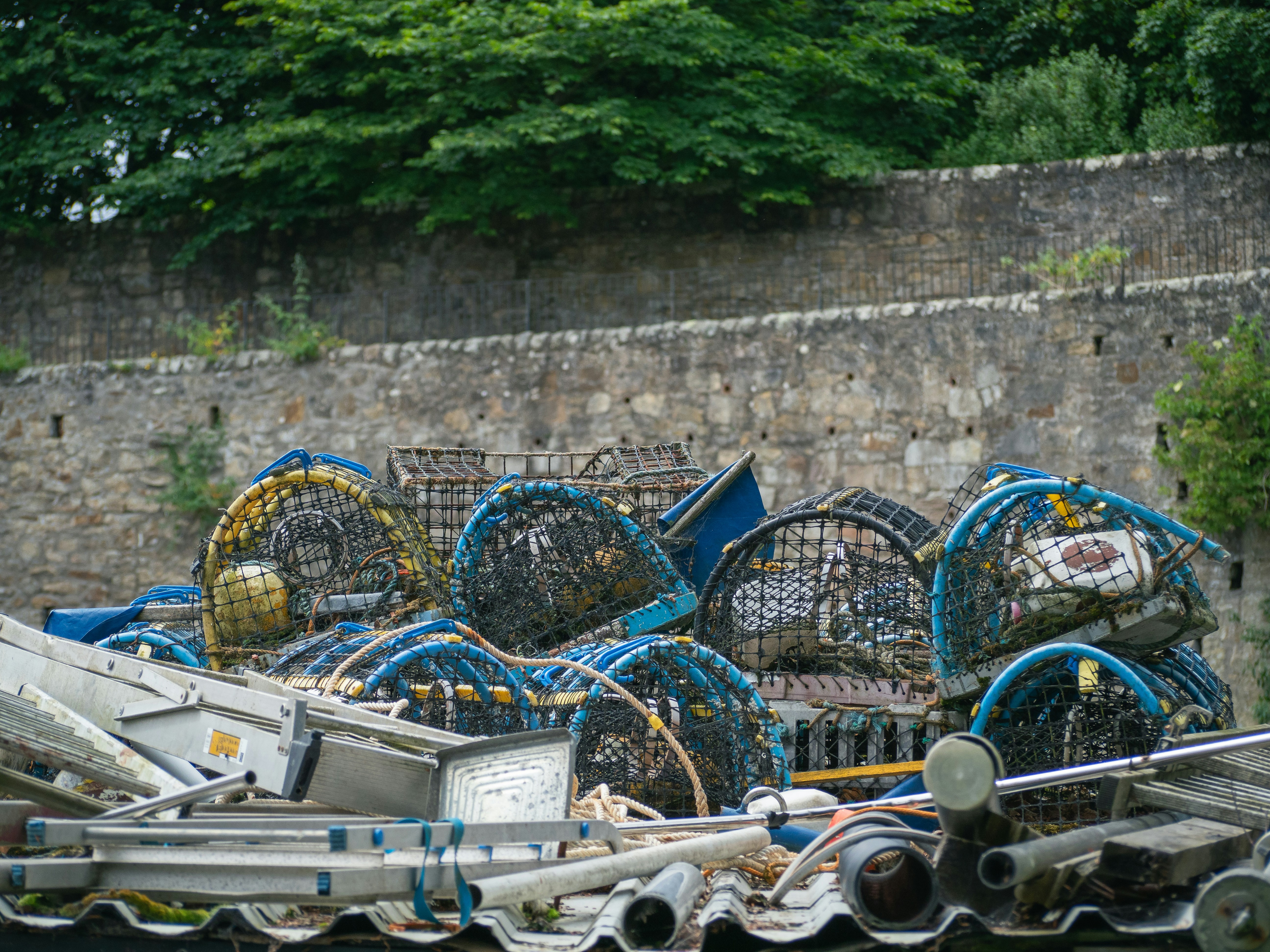 Blue Mesh Lobster Pots Tangle Along a Weathered Wharf