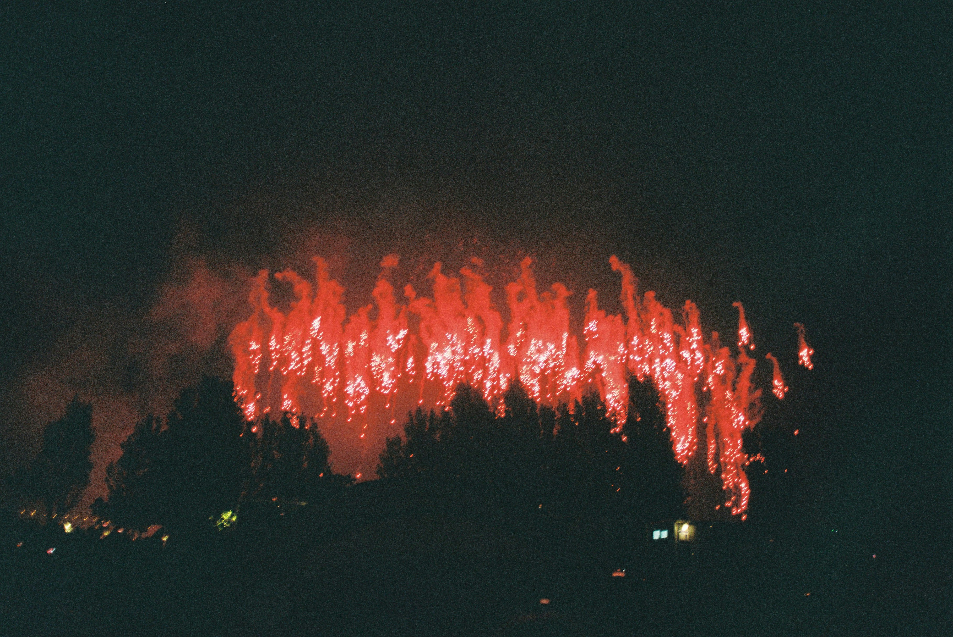 Night photograph of a silhouetted pine forest with a line of bright red embers lighting the dark sky.