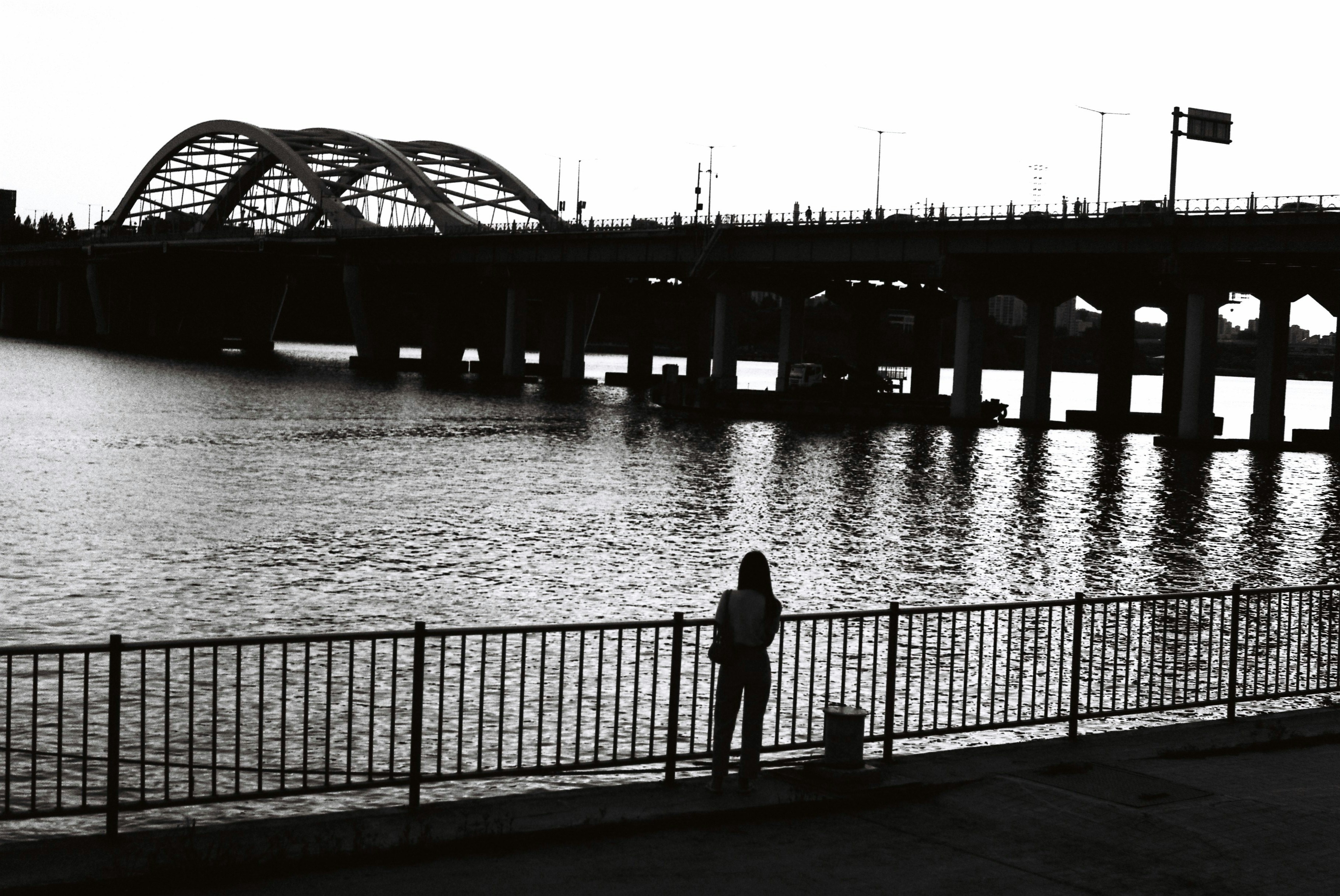 Silhouette by the Water: A solitary figure on the railing beside the bridge