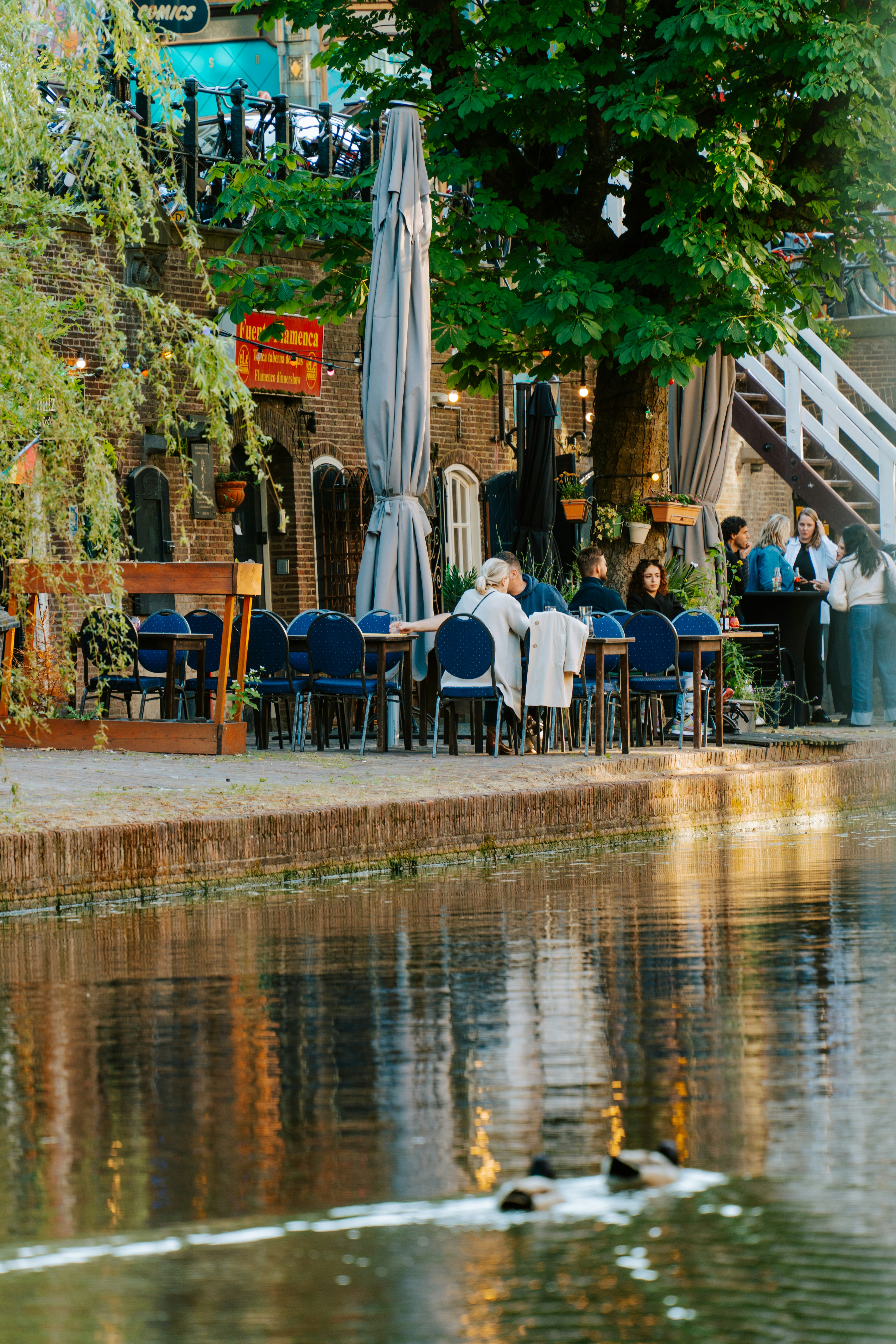 Canal-side Café Dawn: Friends in Conversation by the Water