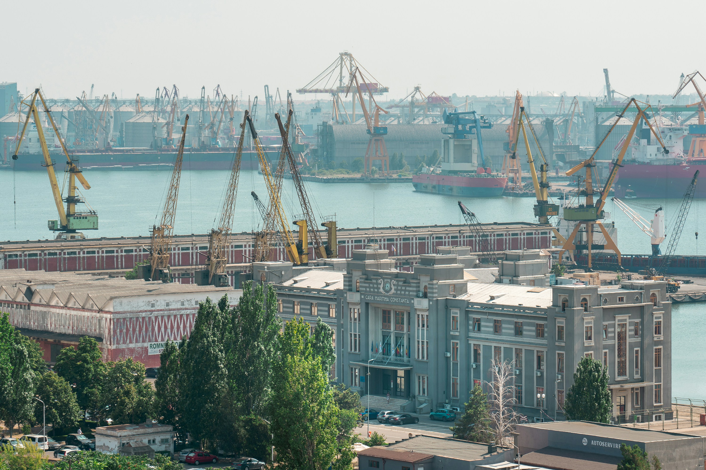 View of port cranes on the Black Sea.