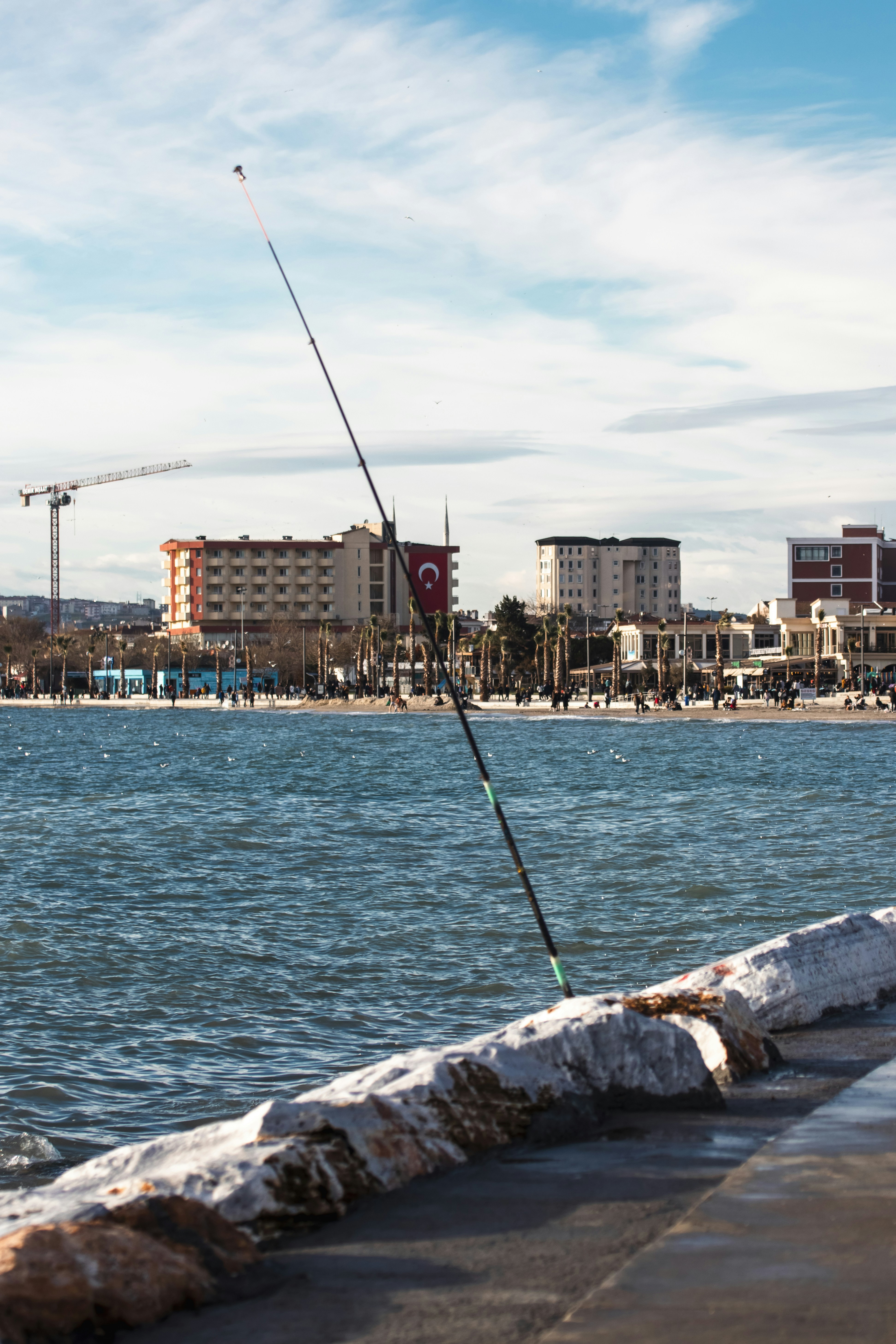 Line of Hope: A Fishing Rod Reaches Toward the Sky Over a Vibrant Coastal City