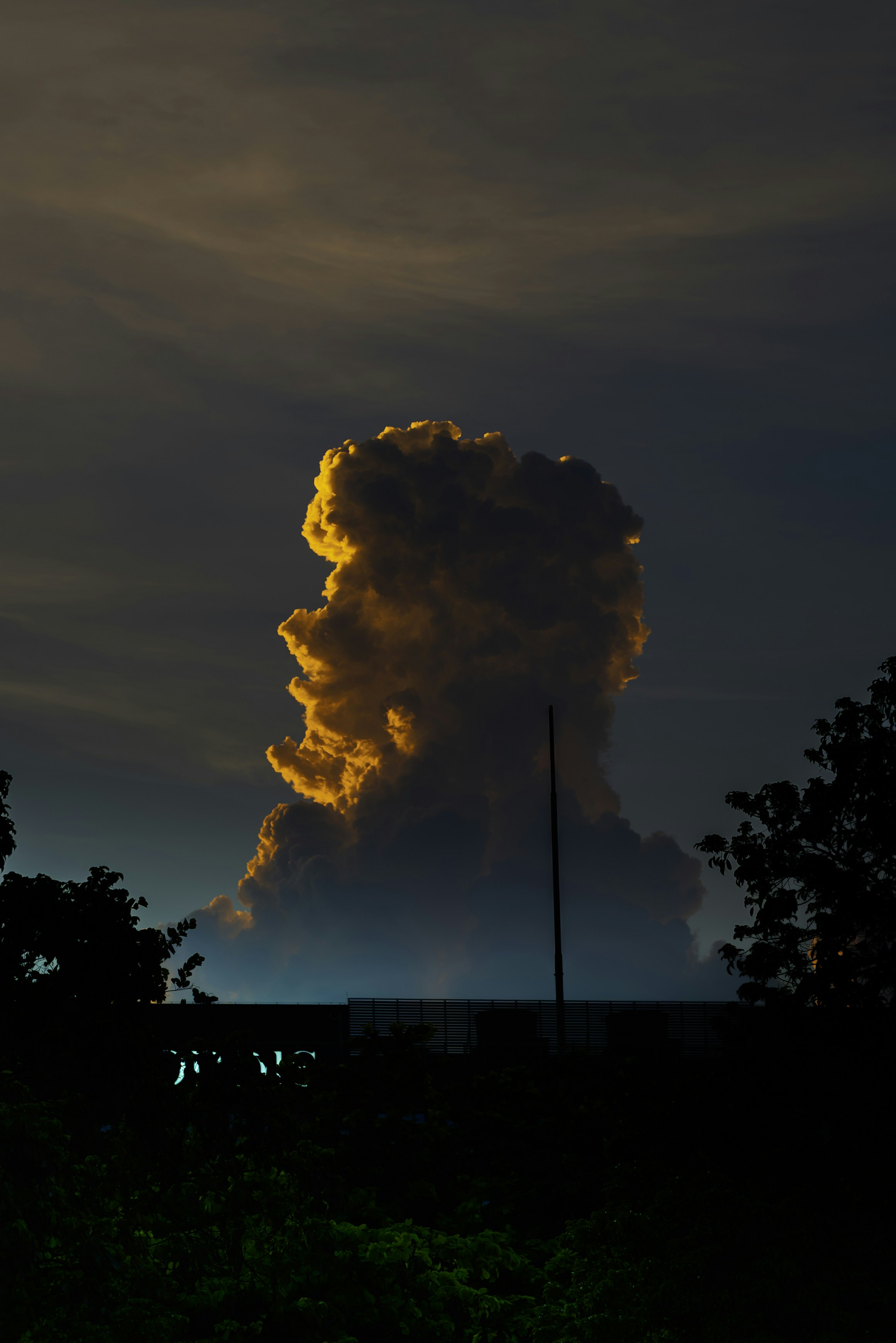 A large cloud is in the sky above some trees