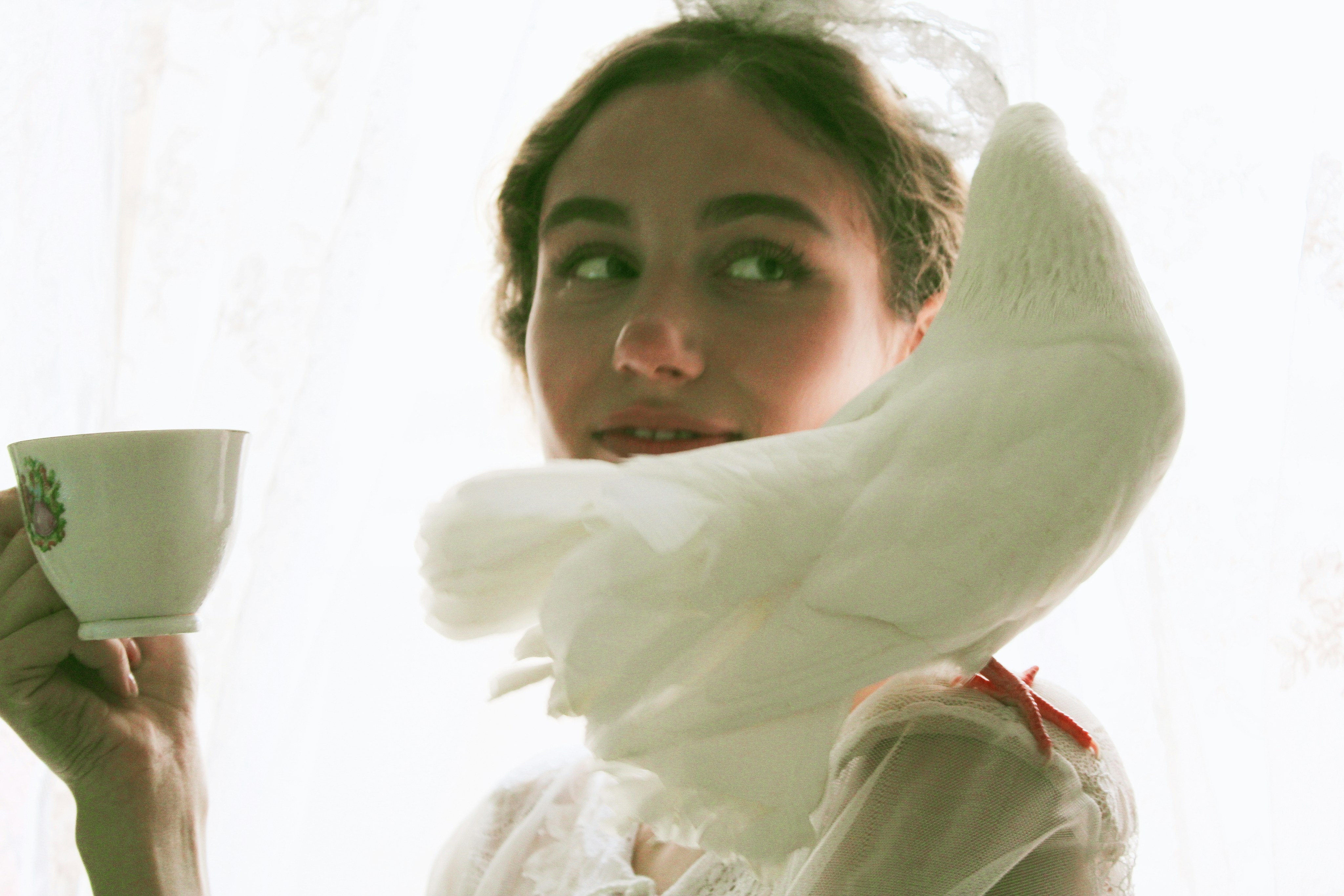 Steam of Tea and Silk: A Quiet Moment with a Crane Scarf