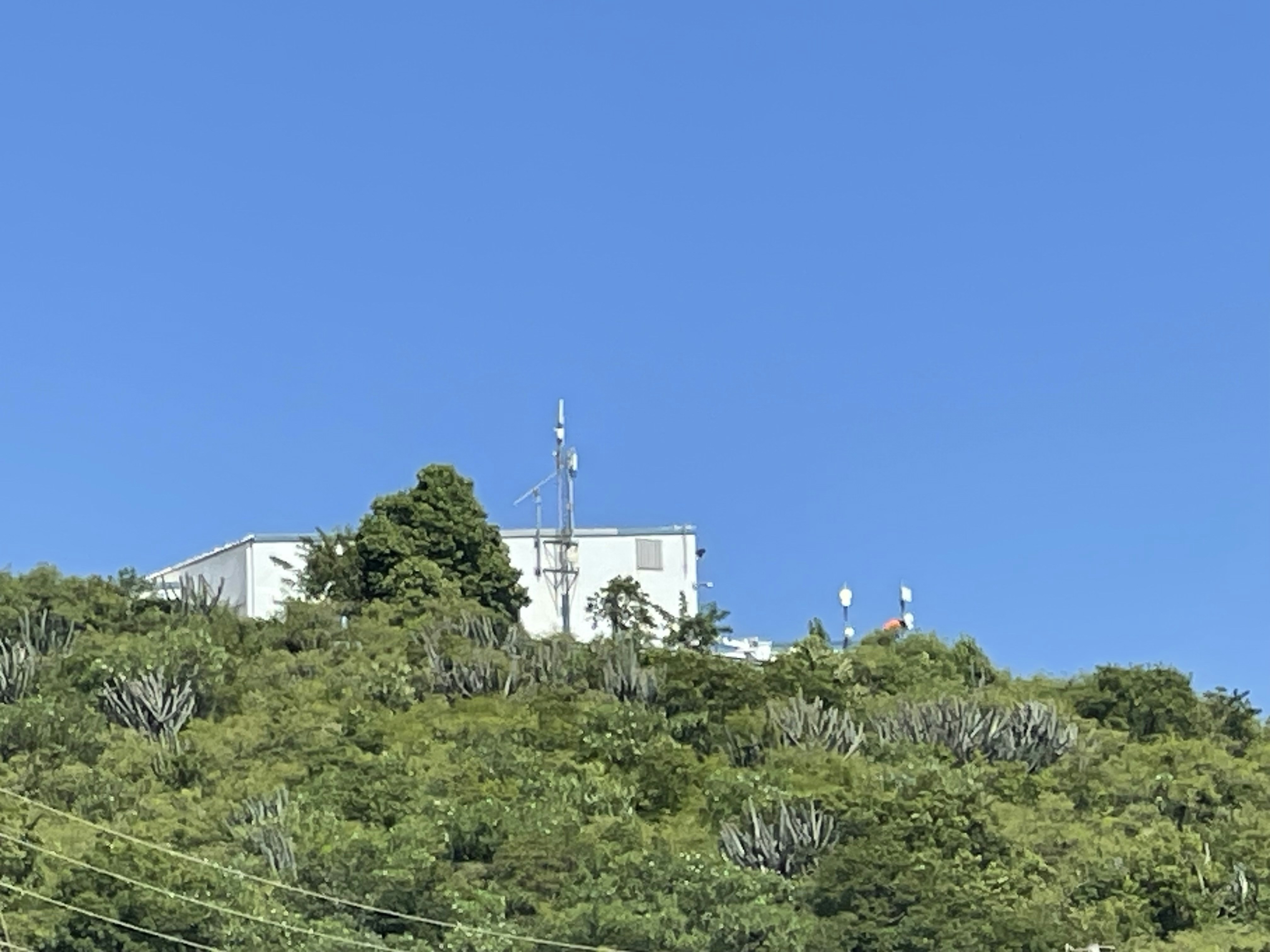 White building nestled among lush greenery atop a hill under a clear blue sky.