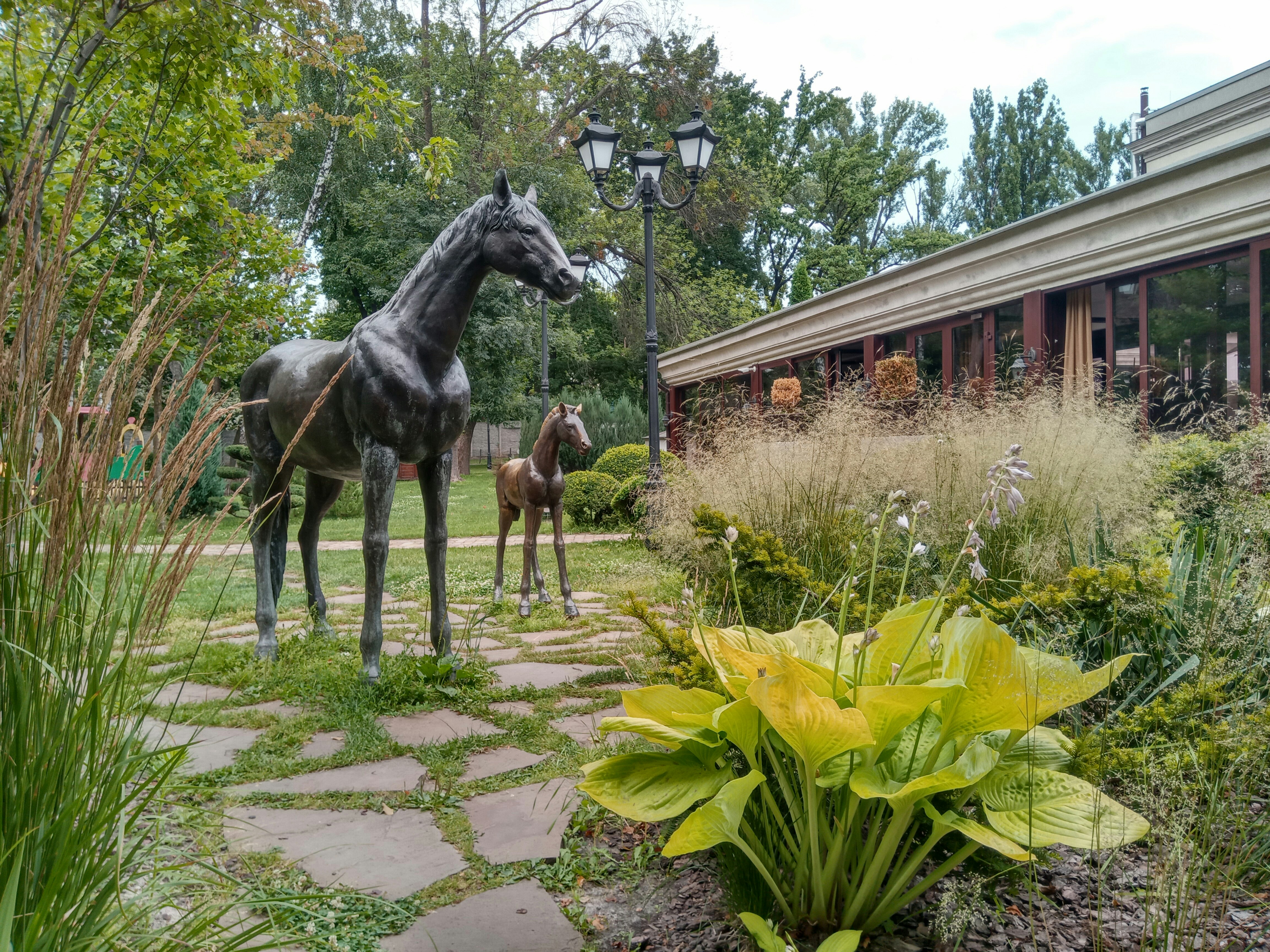 Park sculpture near the restaurant "Prague", Expocentre of Ukraine (VDNG), Kyiv. Парковая скульптура около ресторана "Прага", Экспоцентр Украины (ВДНХ), Киев. Жеребенок натерт до блеска детскими ладошками.