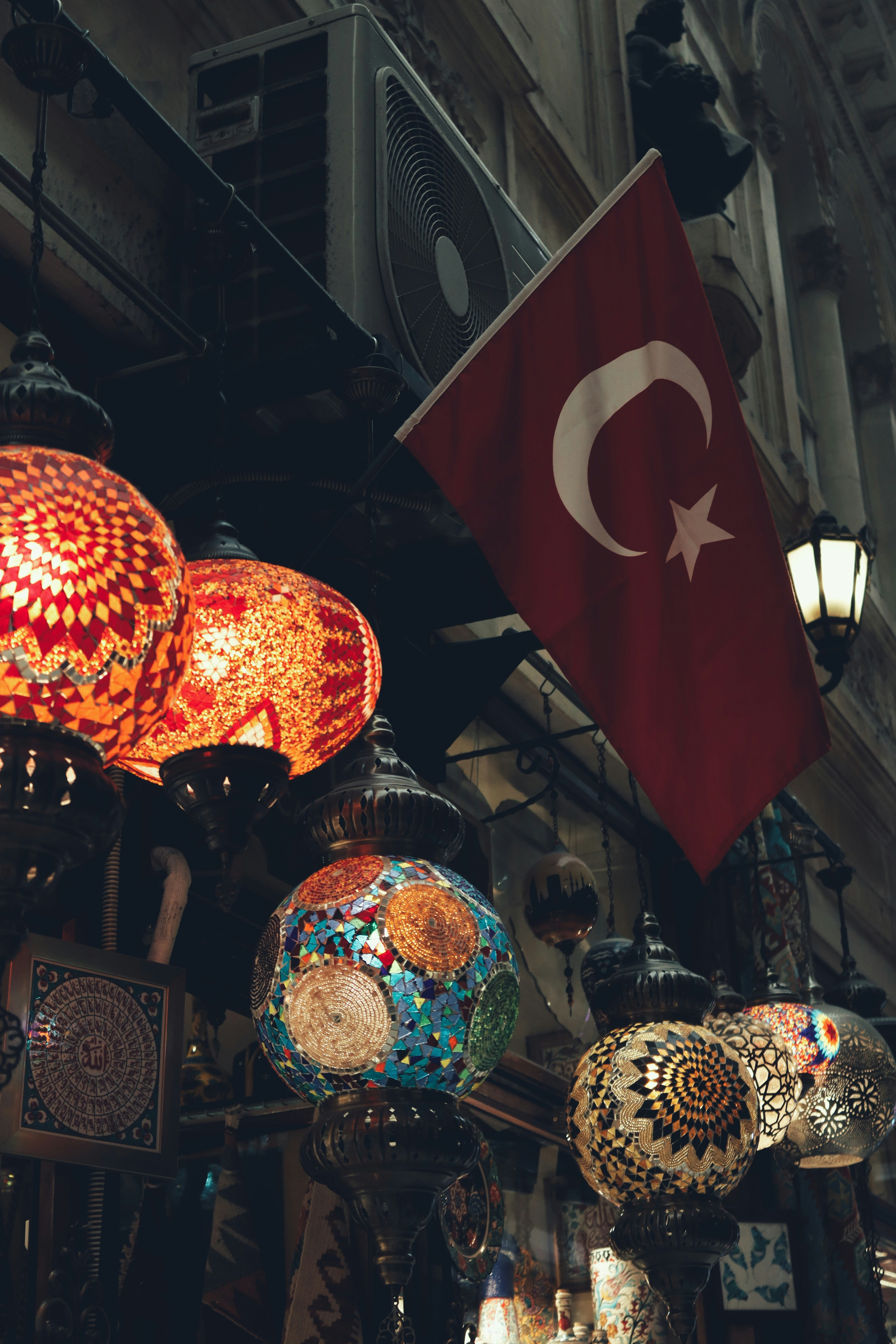 Lanterns and Flag Over Old Bazaar: A Turkish Night