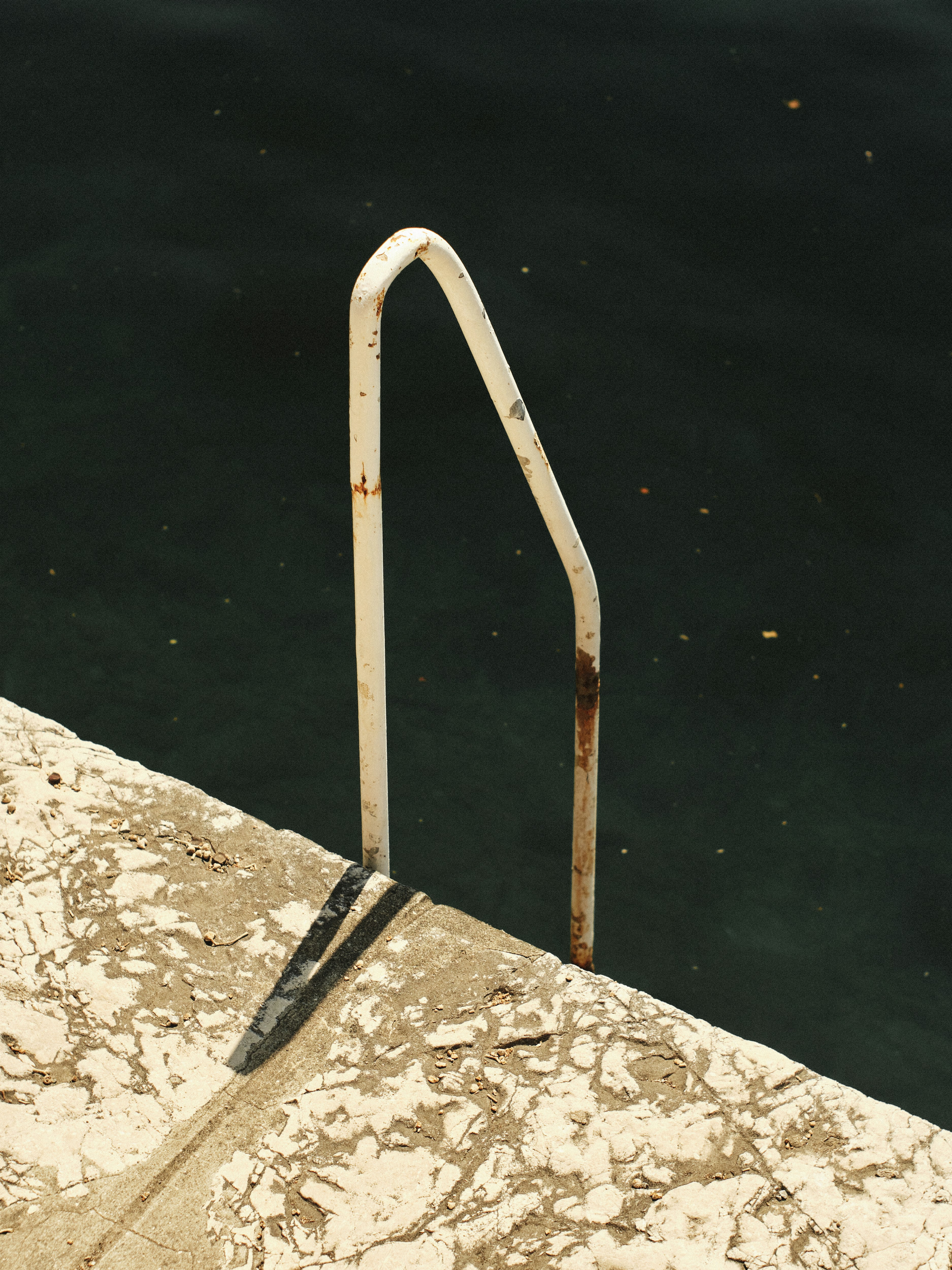 Rusty Arc at the Edge: A Weathered Handrail Reaching into Dark Water