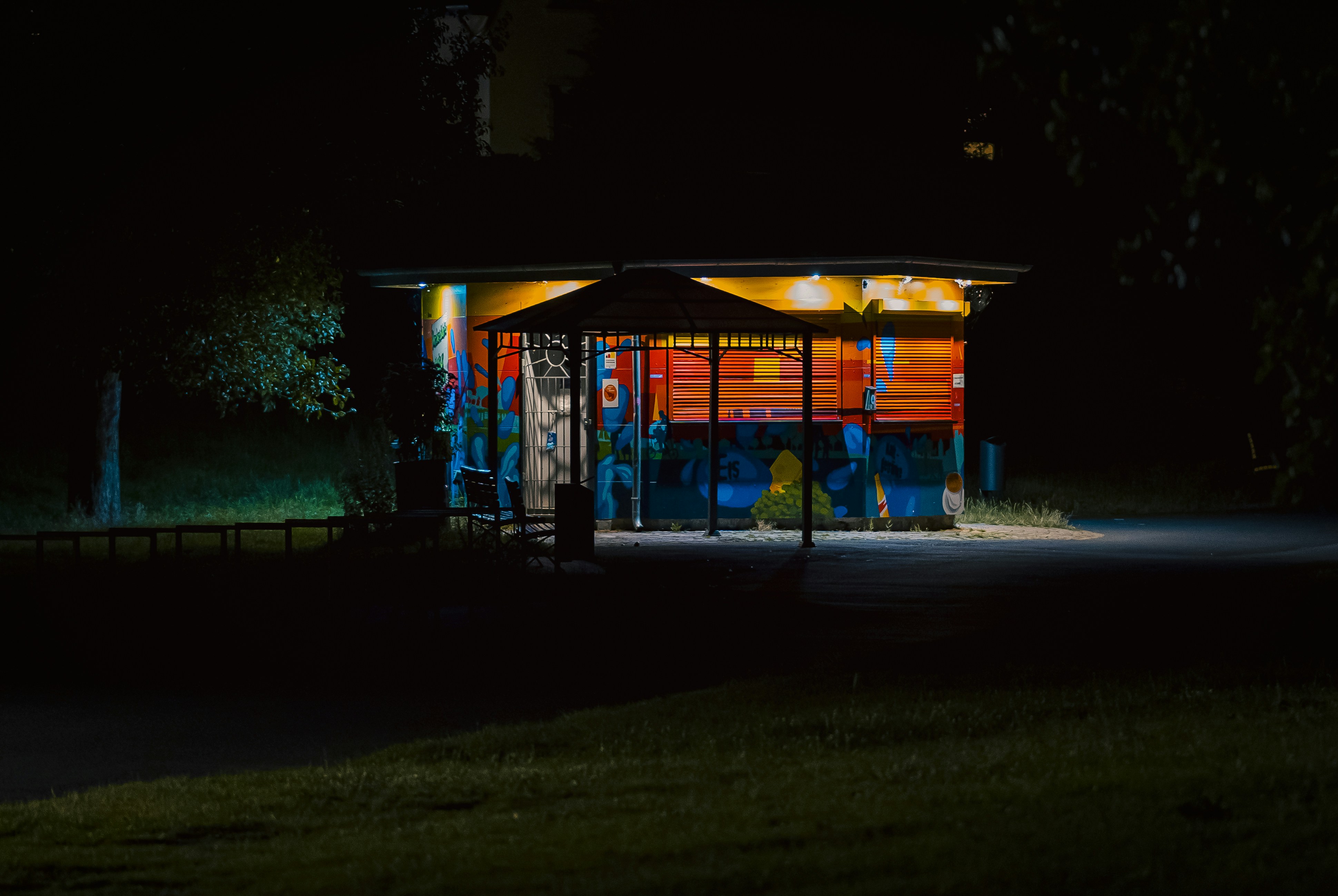 Graffiti Pavilion Illuminated at Midnight