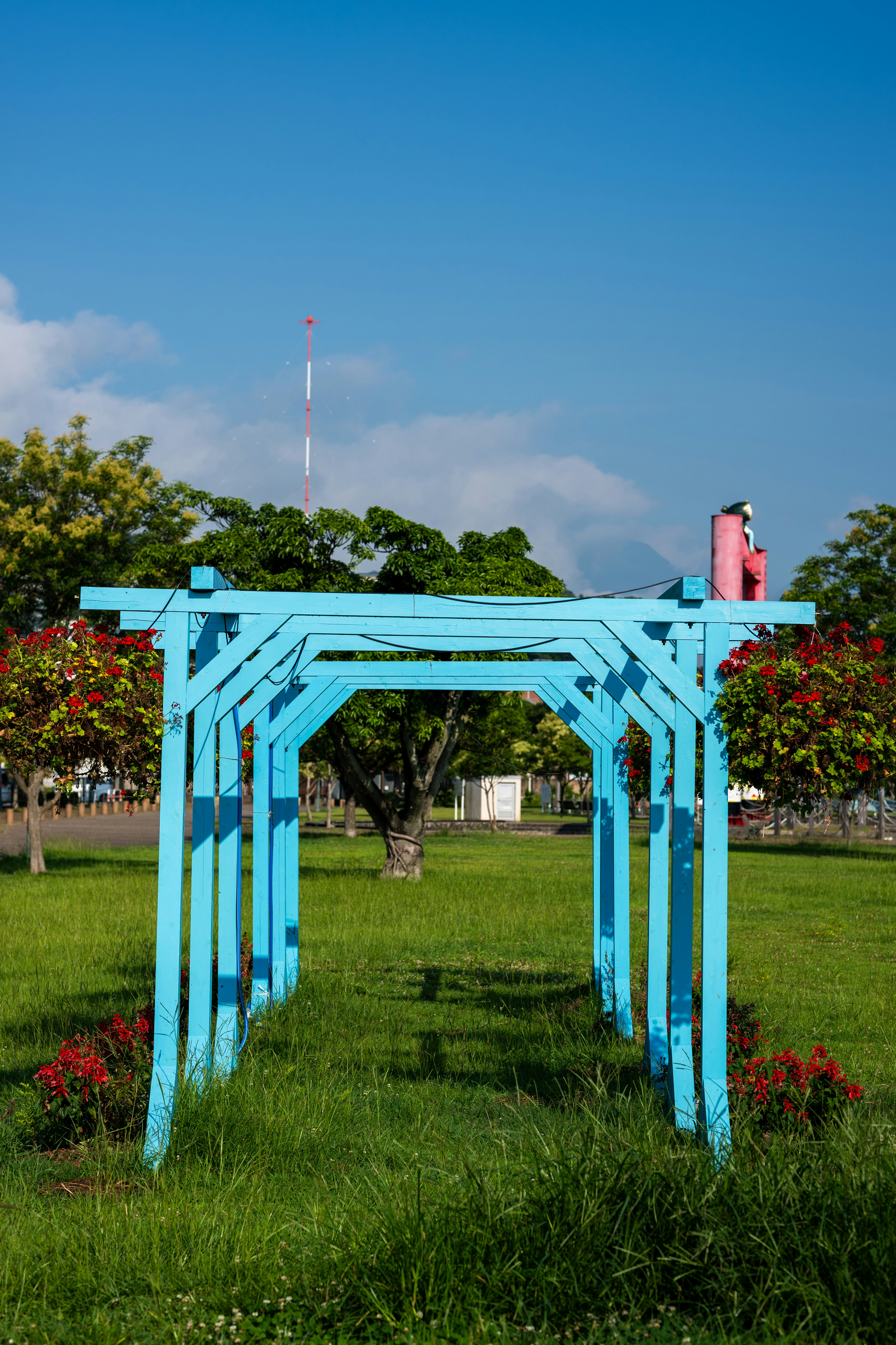 Turquoise Archway Corridor: A Sunlit Park Framing Perspective