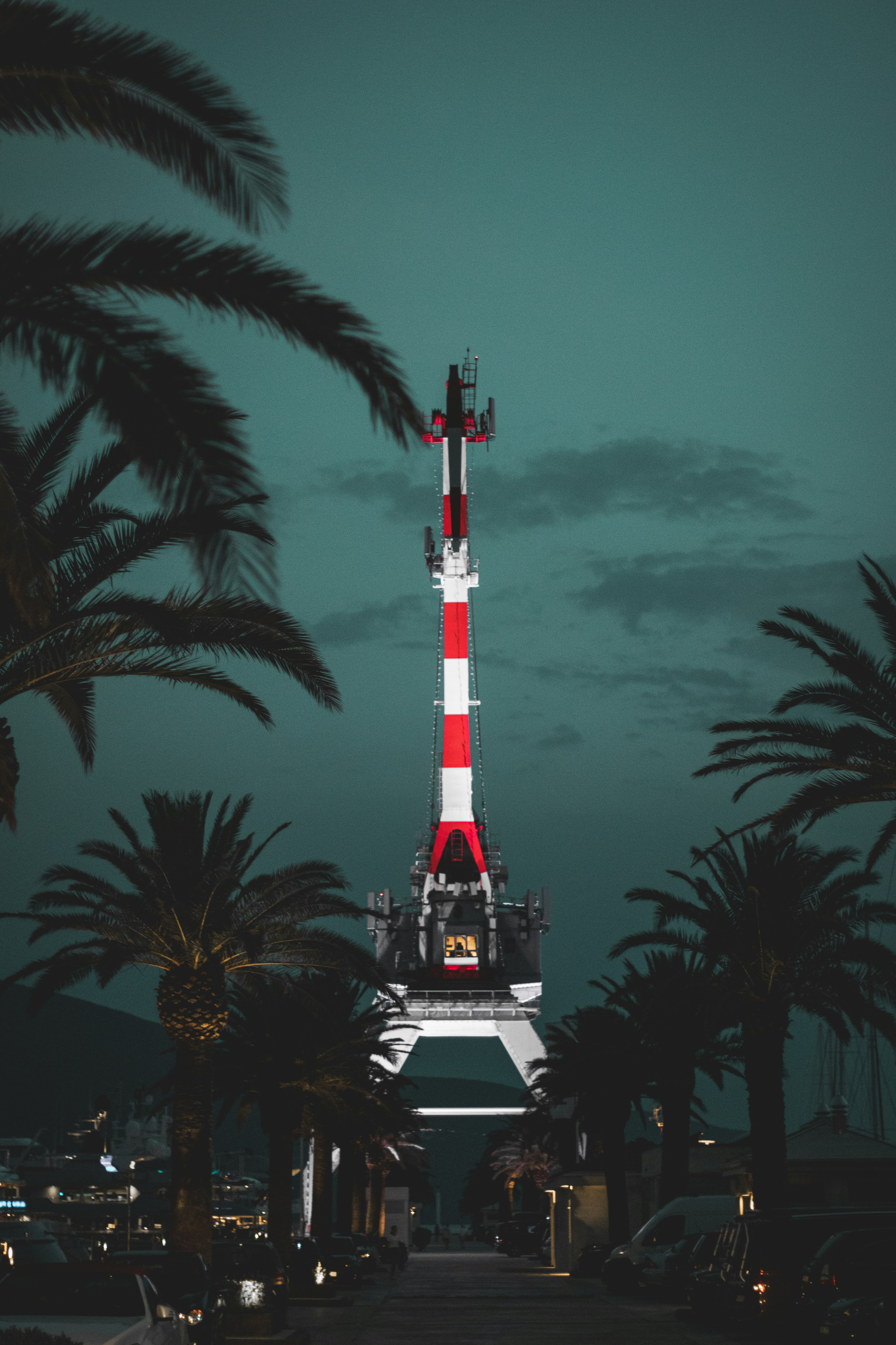 Red-and-White Tower Pierces Palm-Fringed Twilight