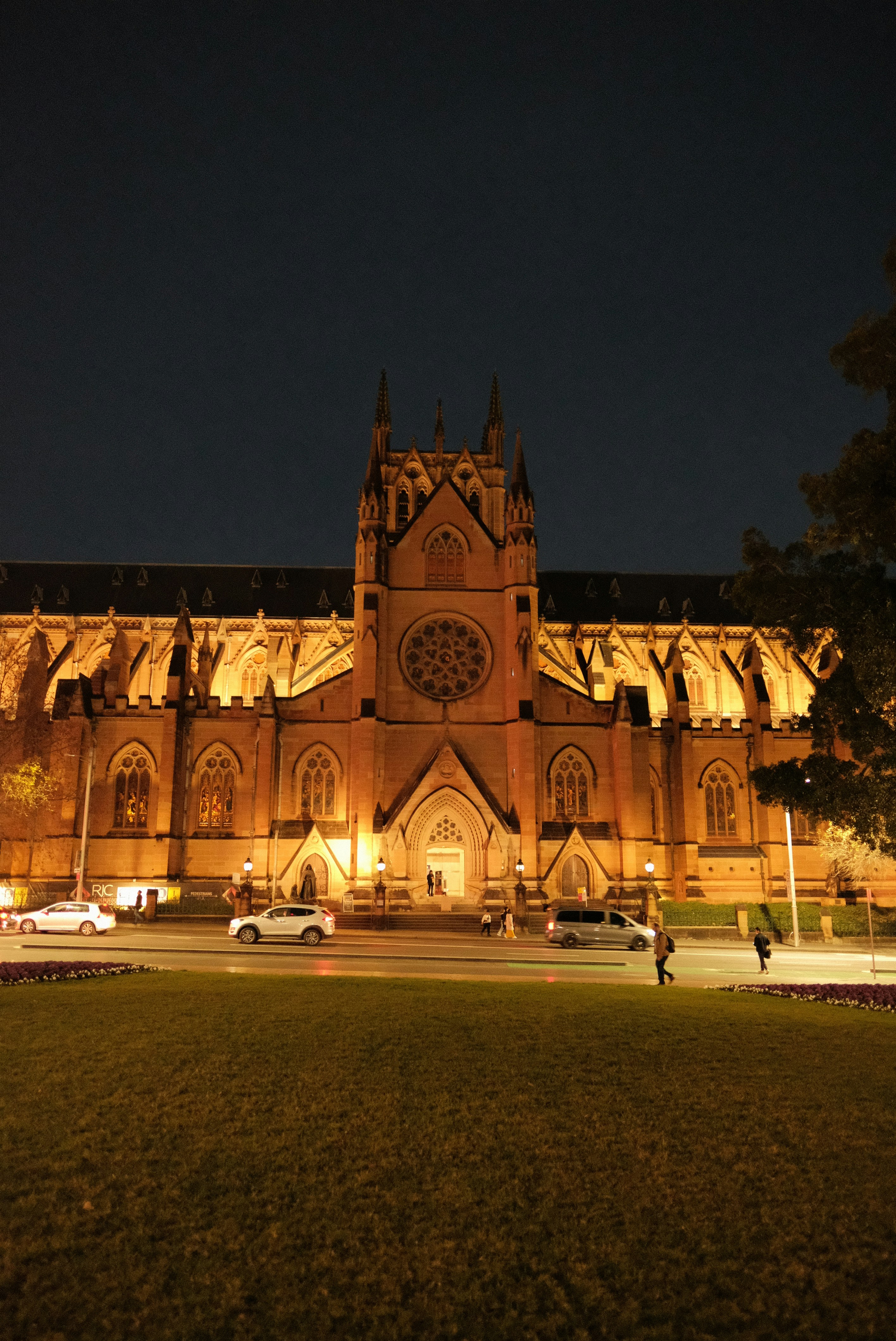 A large cathedral lit up at night with cars parked in front of itDominic Kurniawan Suryaputra