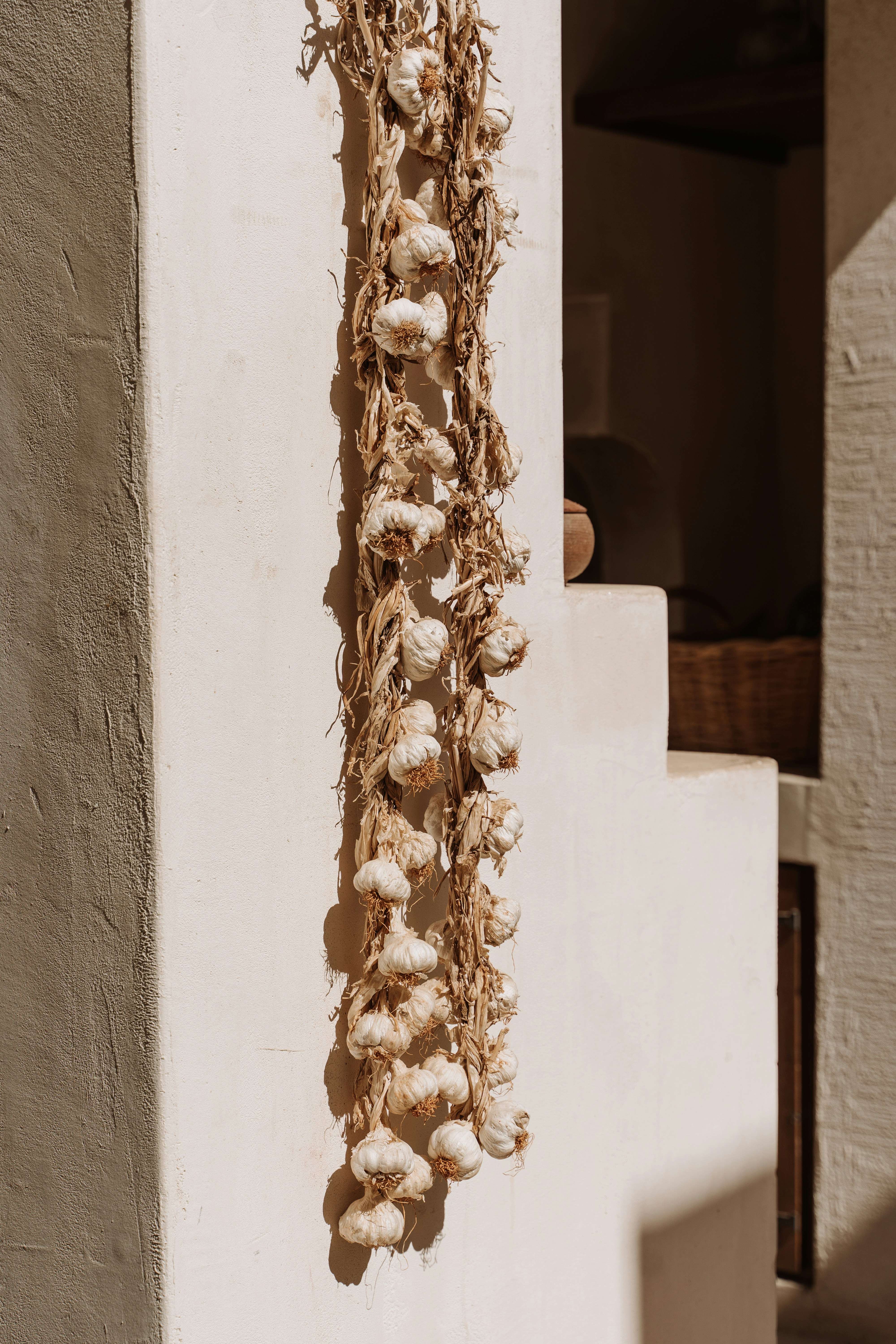 A bunch of garlic hanging from the side of a building photo – Free ...