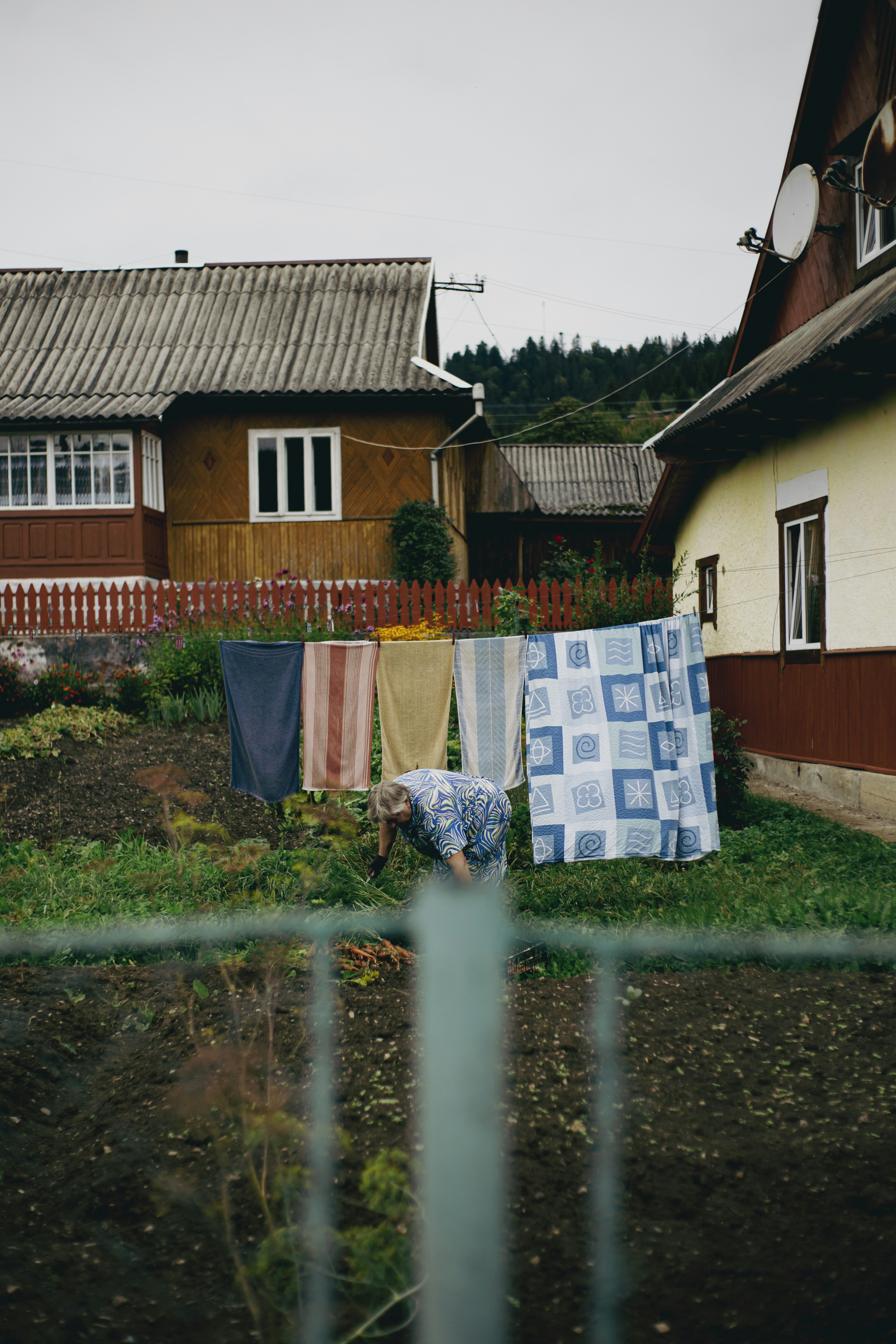 Laundry Lines and Garden Worker beneath a Village Row