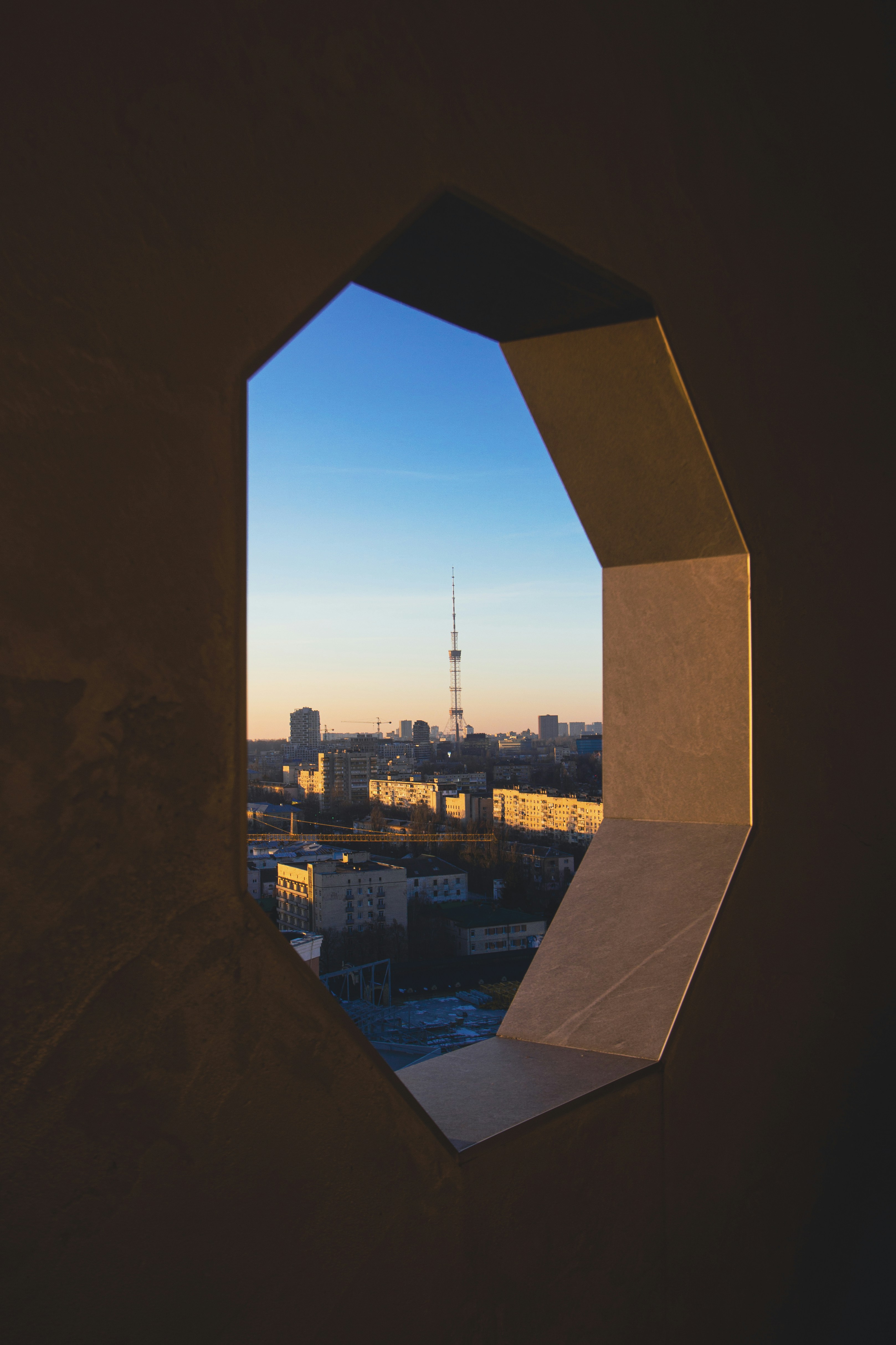 Polygonal Window, Dusk Cityscape