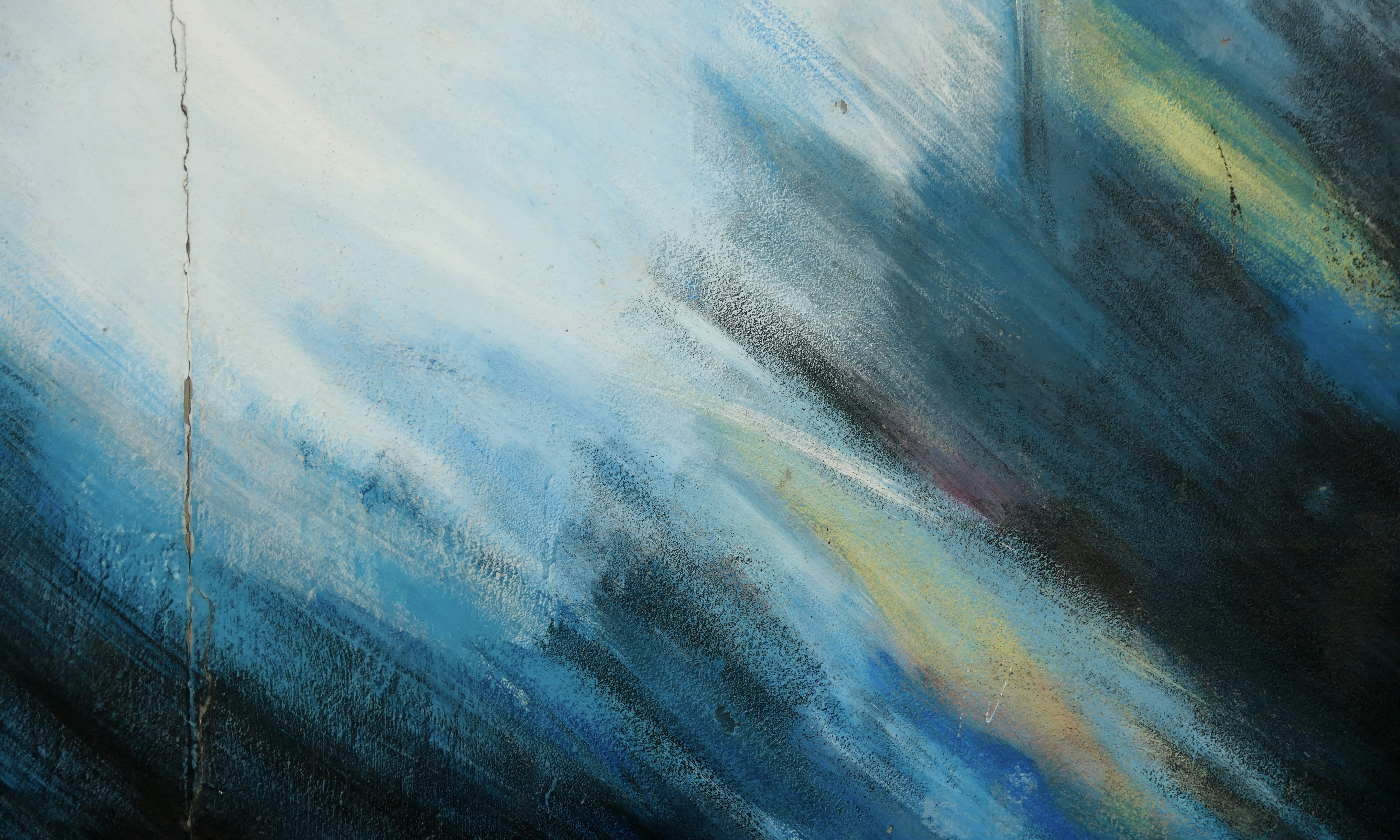 Abstract painting with dynamic blue and white streaks blending into dark shadows.