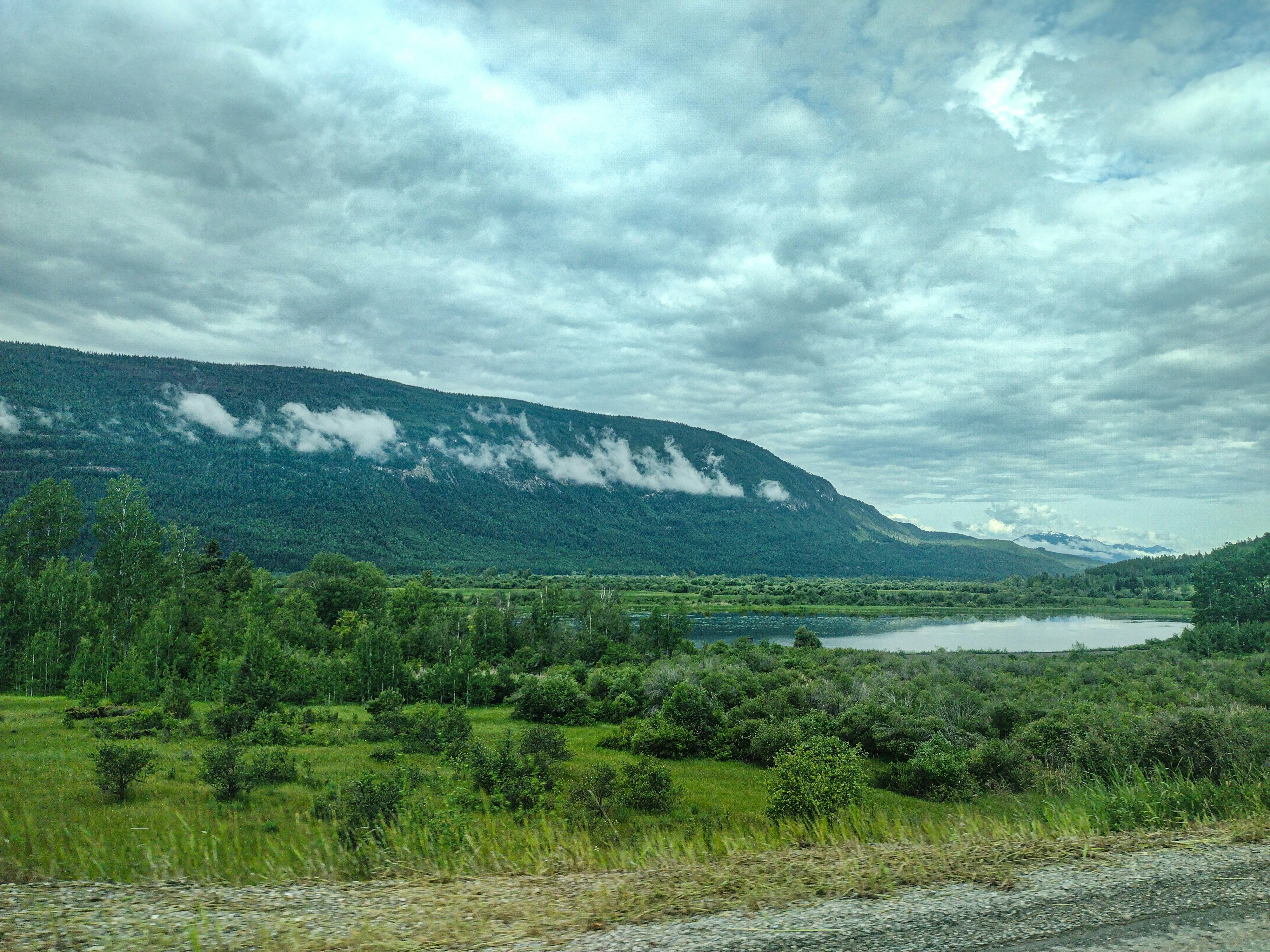 Lush green landscape with a distant mountain under cloudy skies and a serene river winding through the valley.