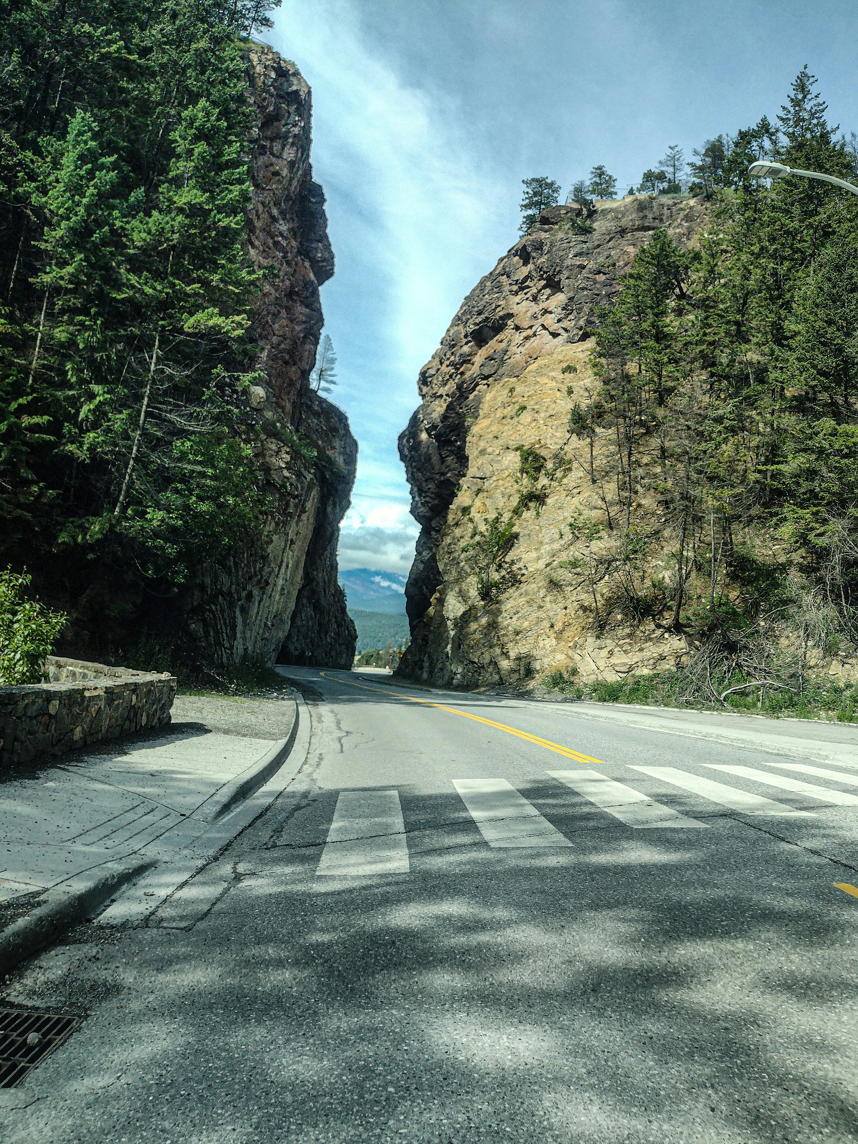 Road through a narrow canyon lined with rocky cliffs and pines, stretching toward a distant blue sky.