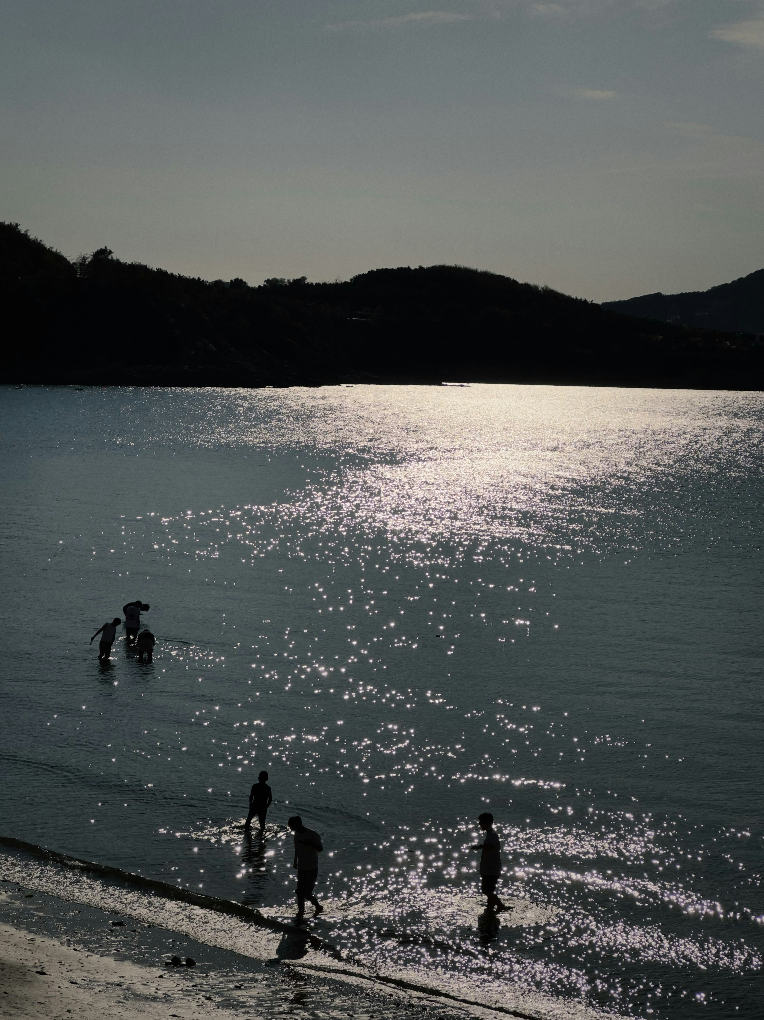 Sparkle on the Tide: Silhouetted Beachgoers at Dusk