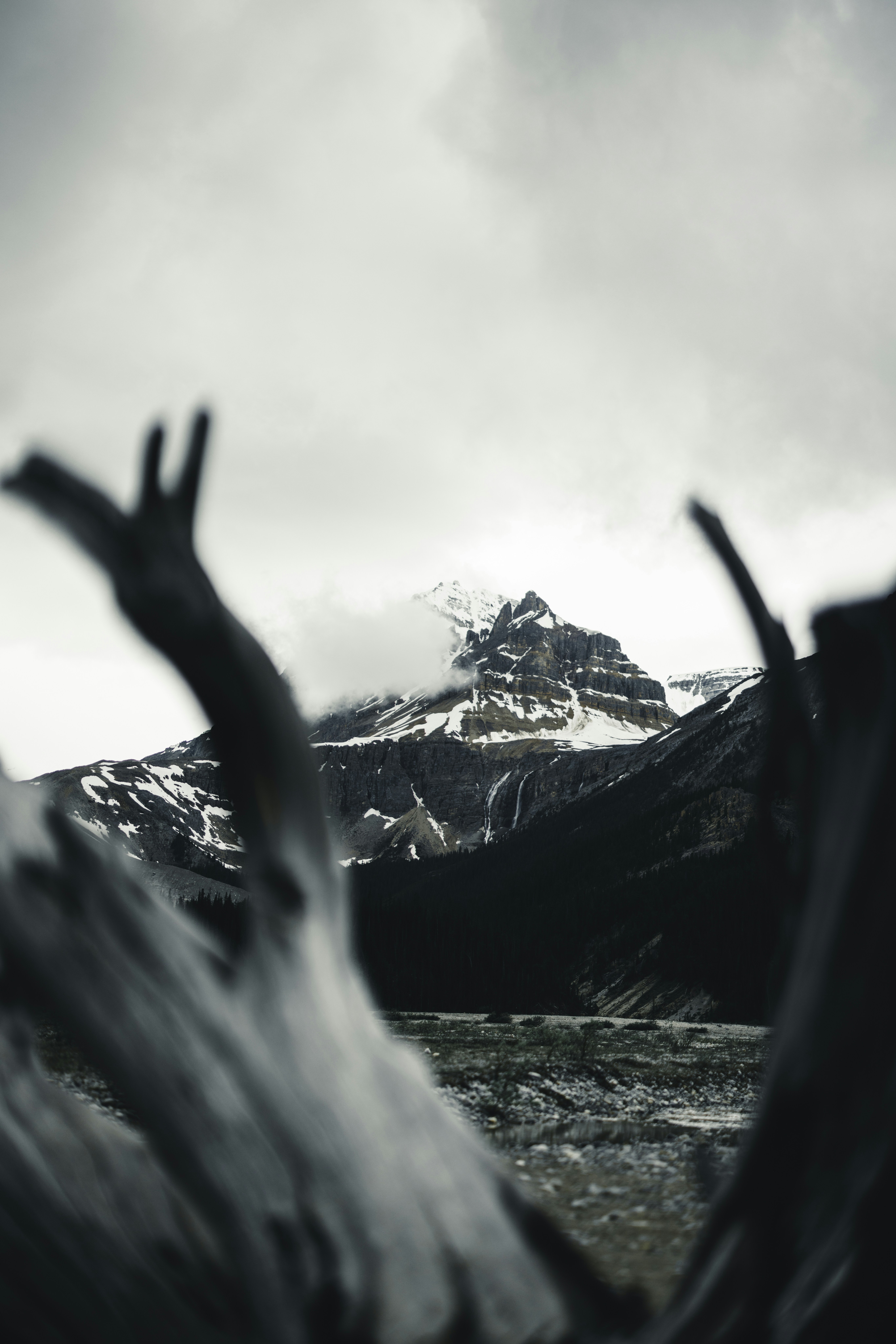 Snow-Capped Summit Framed by Outstretched Hands