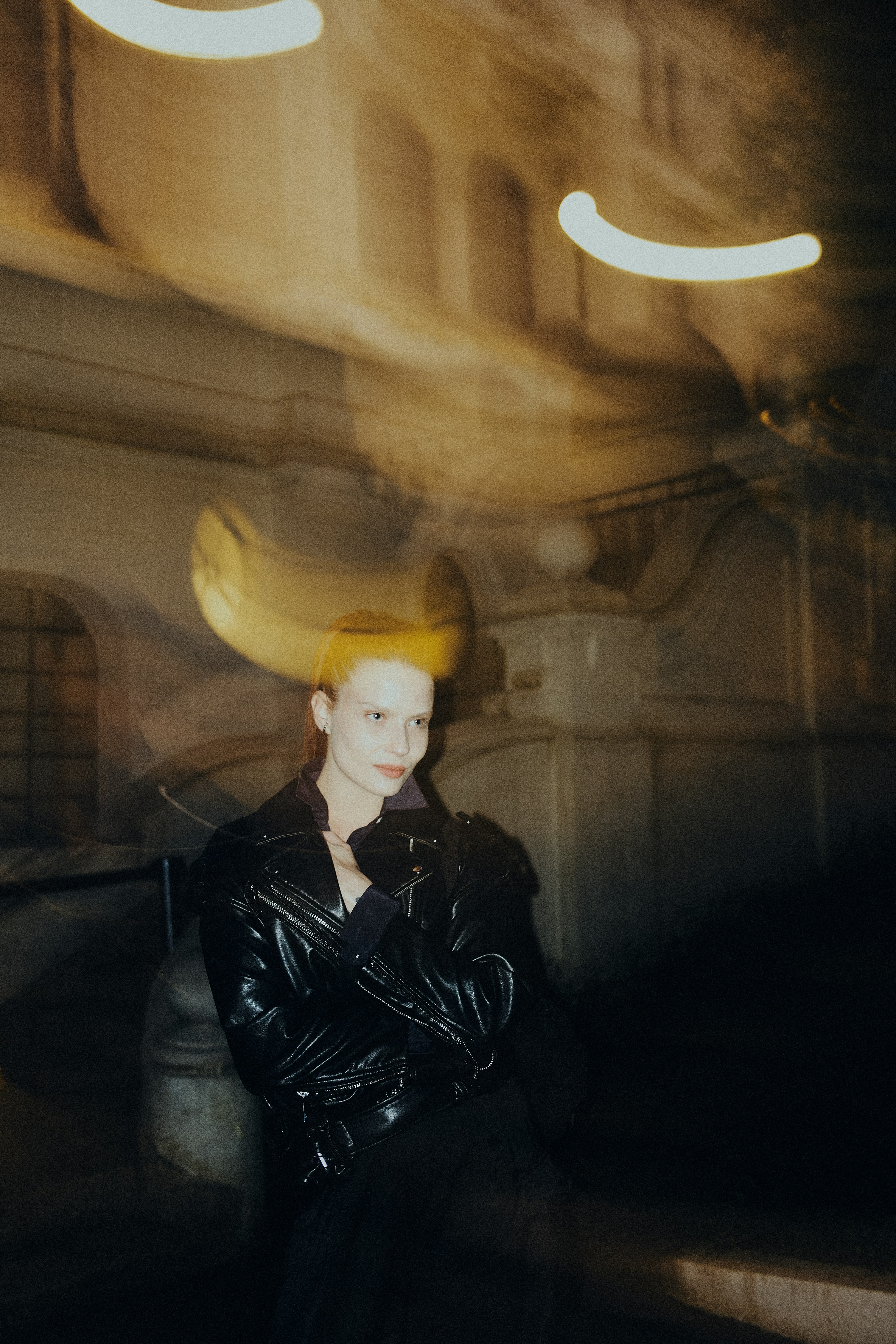 Velvet in Motion: Night Portrait Beneath Neon Whispers