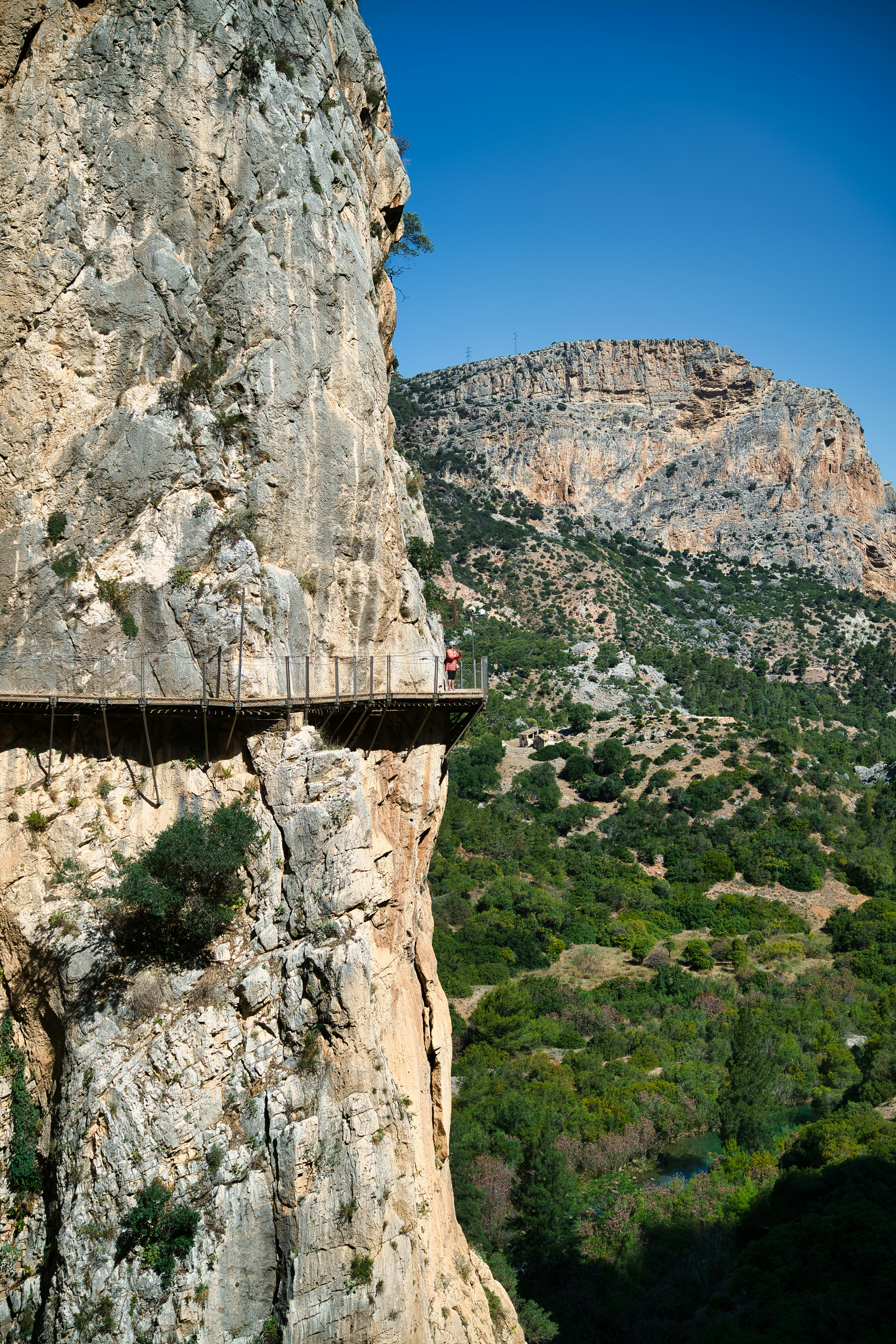 Suspended Gorge Walkway: A Lone Explorer on the Cliff-edge Path