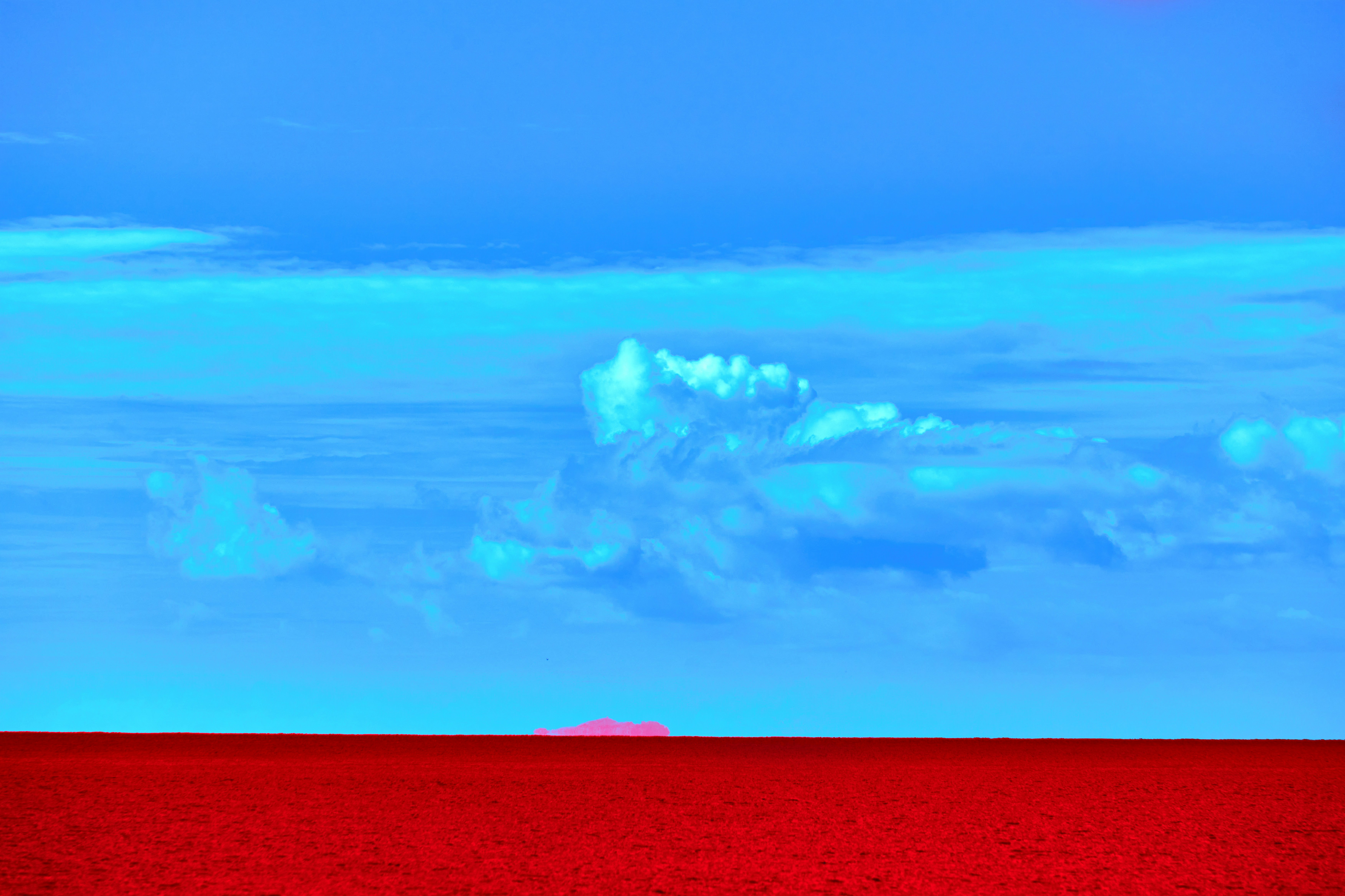 Islet on a Cyan Horizon: Red Plains Under Velvet Light