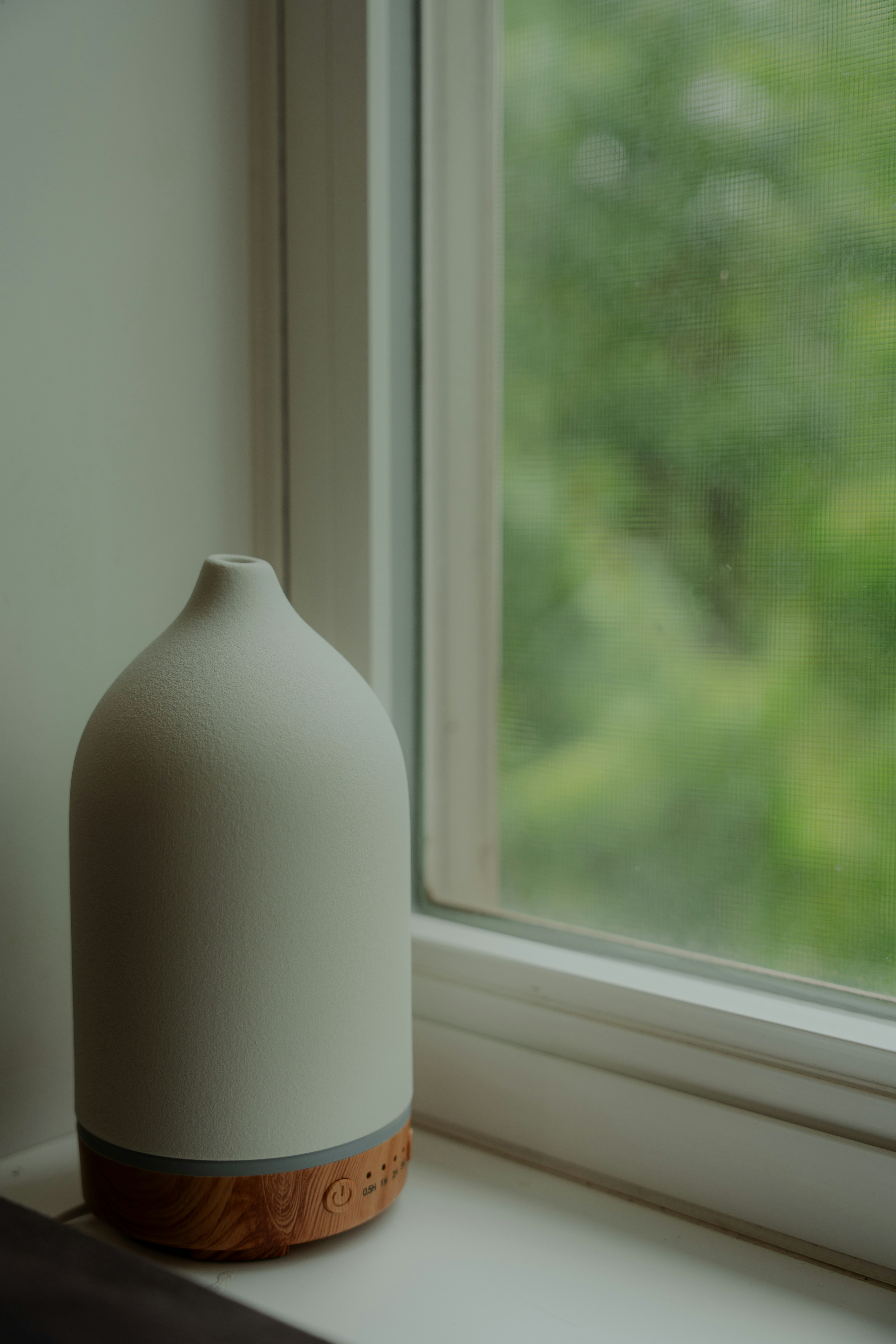 A ceramic diffuser with a wooden base sits on a white windowsill, bathed in soft daylight. The view outside is a blurred green landscape.