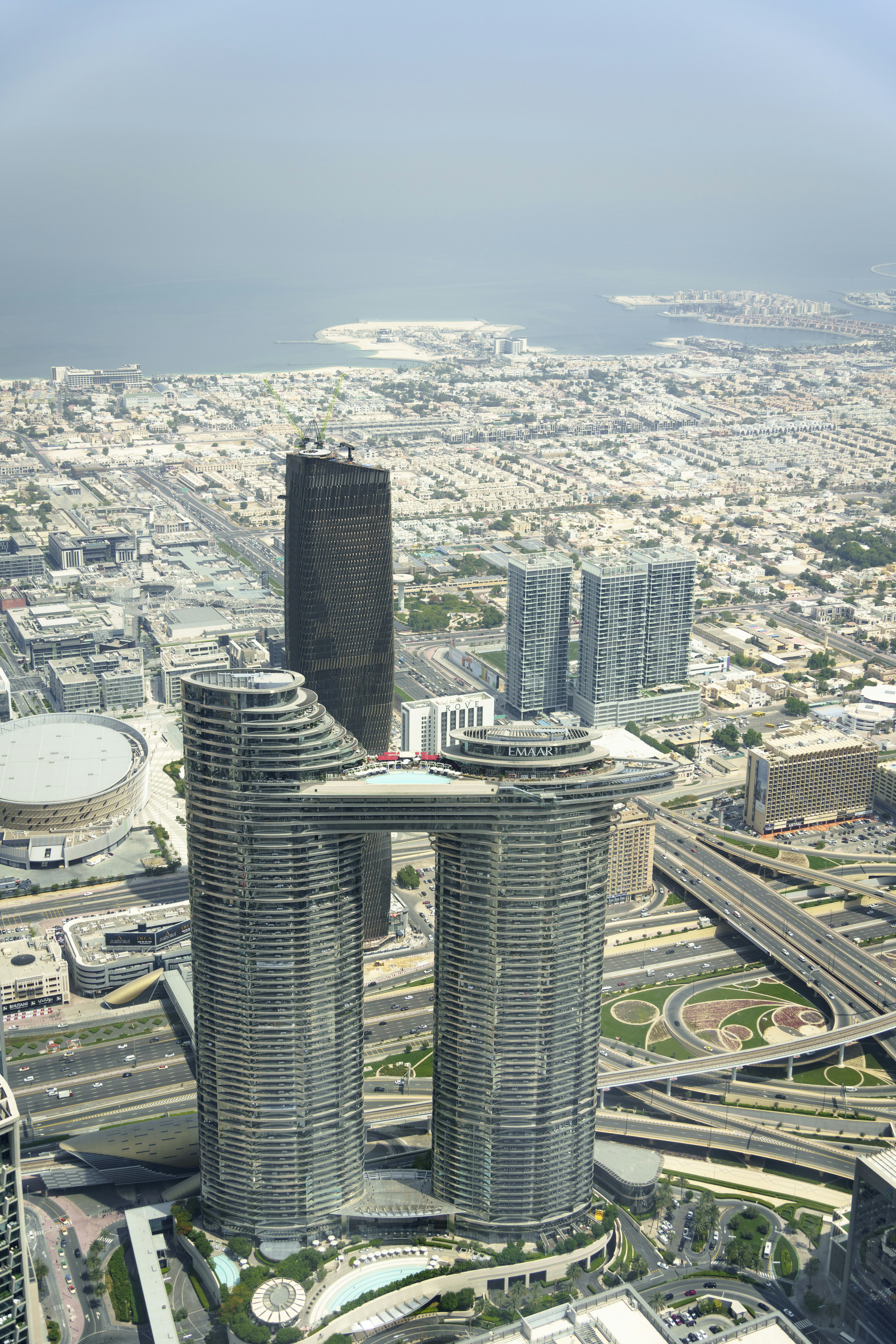 Dubai Marina Glass Twins: Aerial Portrait of Curved Towers and Skyways