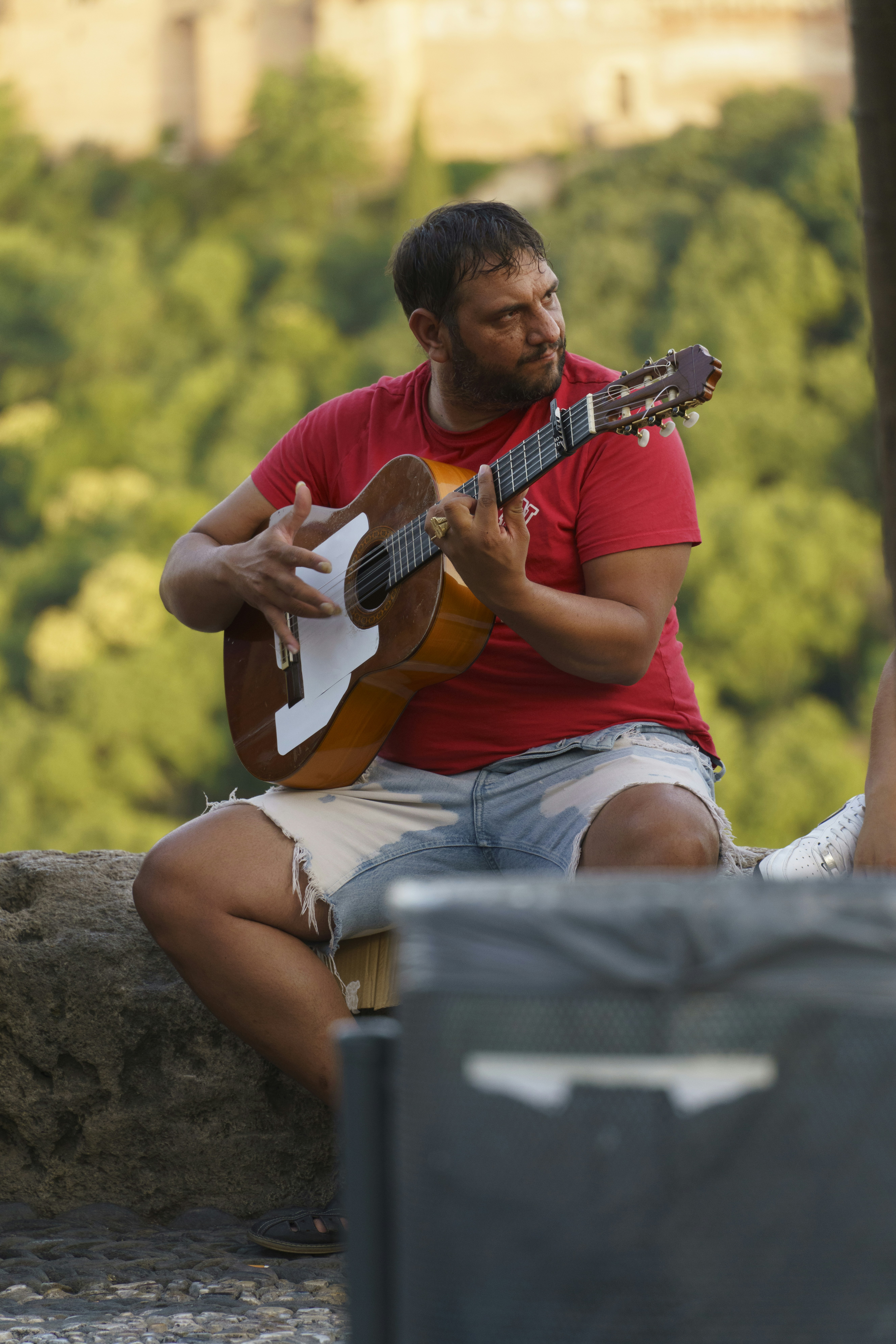 Red Shirt Serenade: Guitarist in Sunlit Park