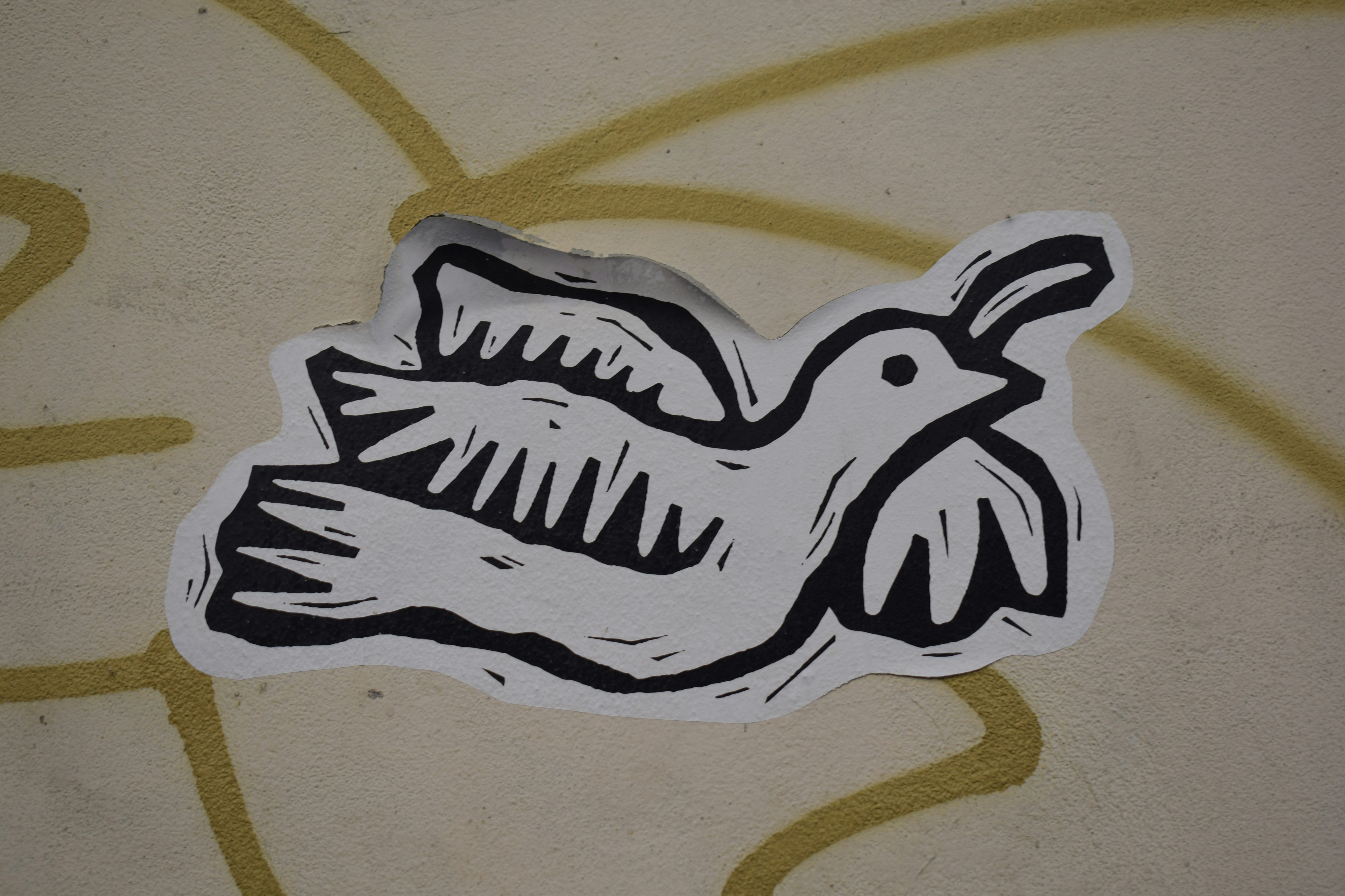 Line-Drawn Dove: Graffiti Illustration on a Warm Wall