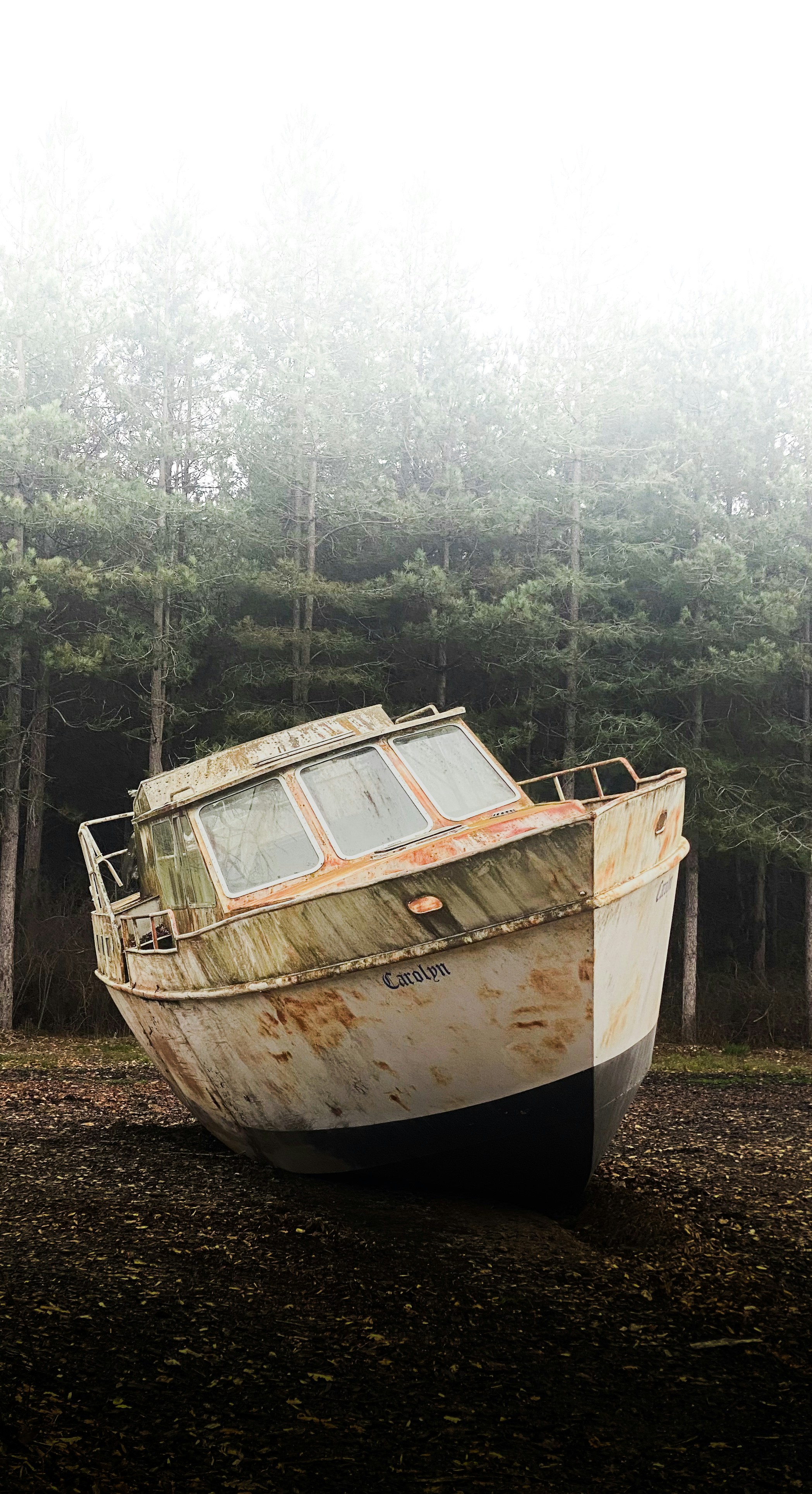 Rusted Vessel on a Fog-Washed Shore