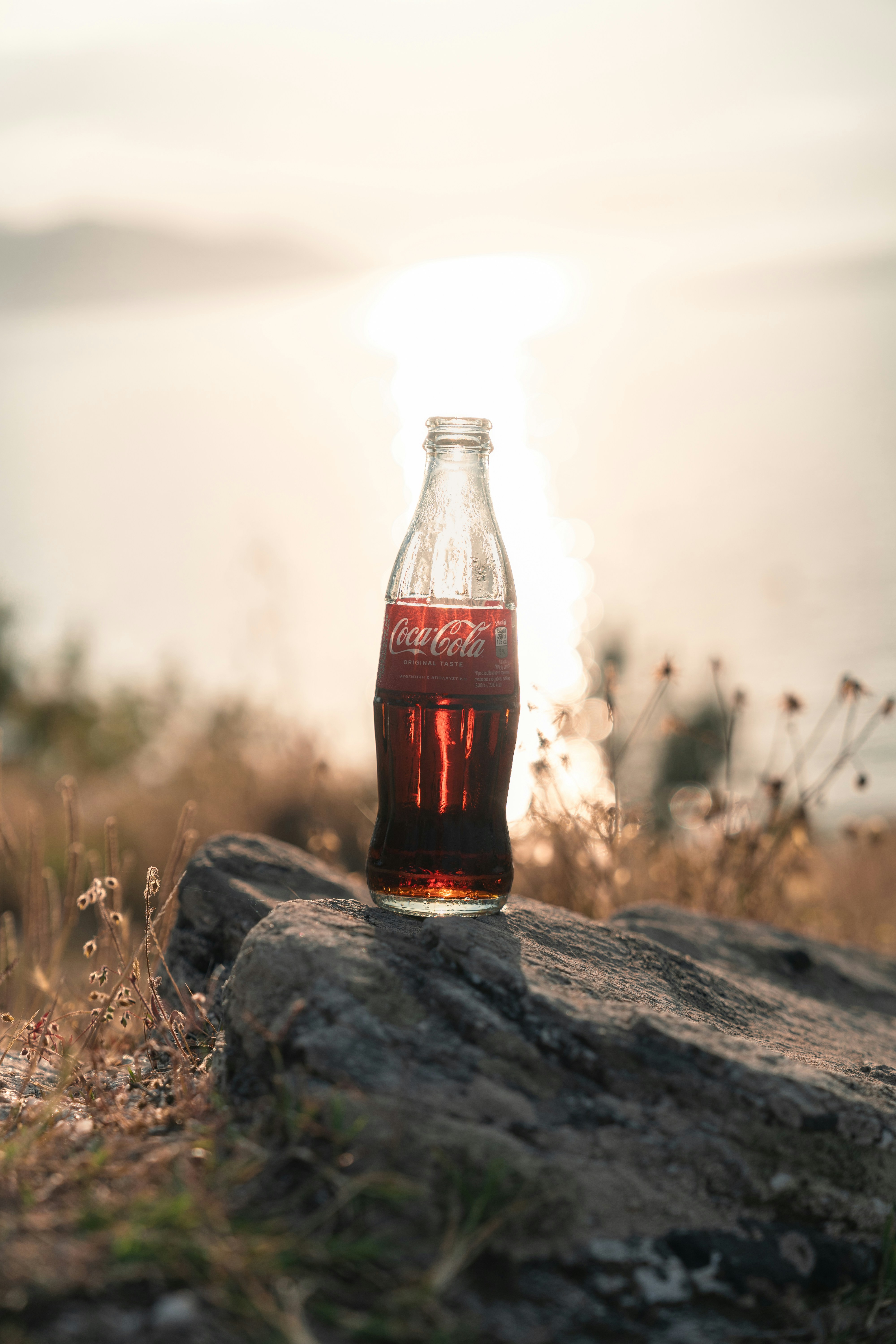 Coca-Cola on a weathered rock at golden hour, framed by a glistening lake