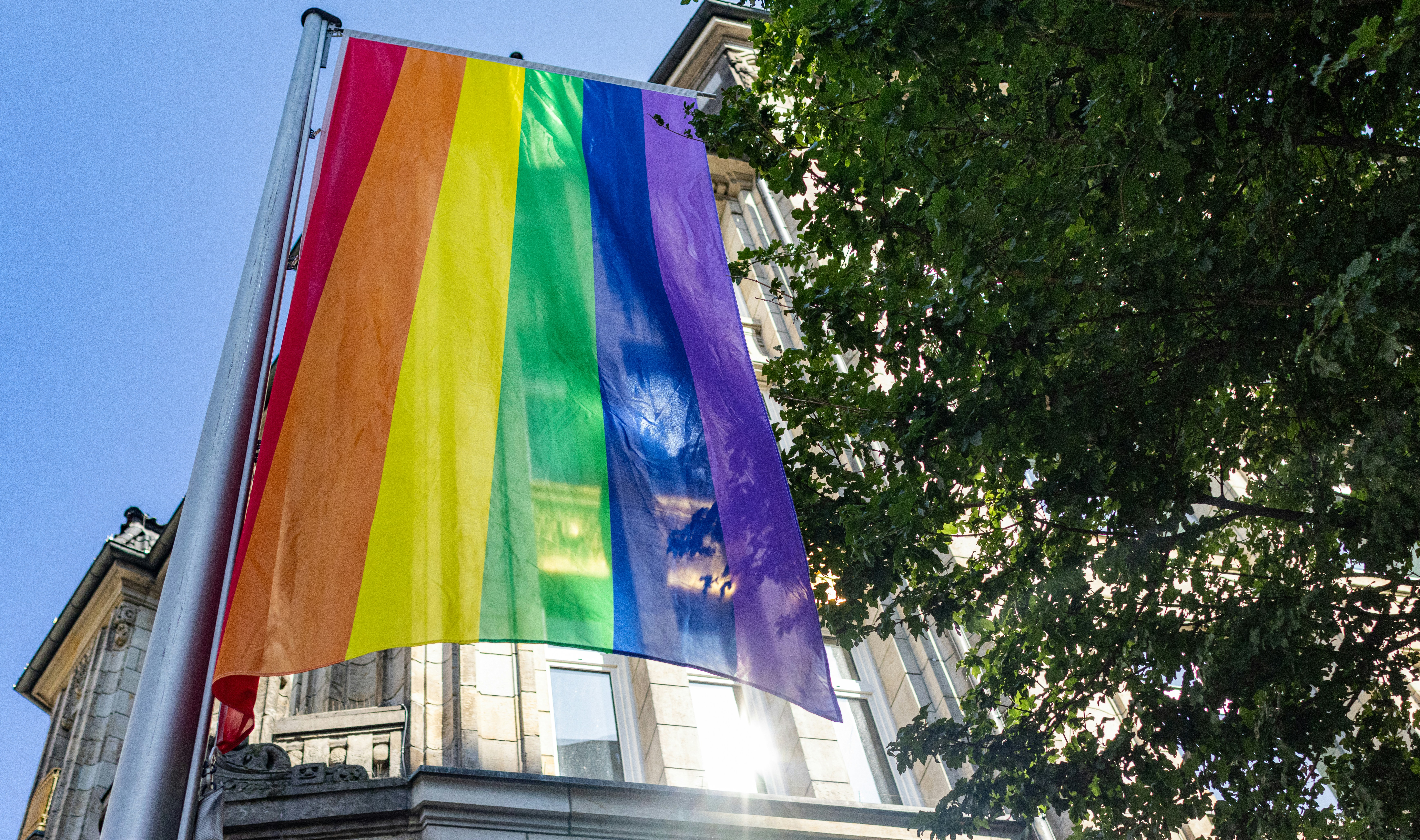 A rainbow flag flying in front of a building photo – Free Flag Image on ...
