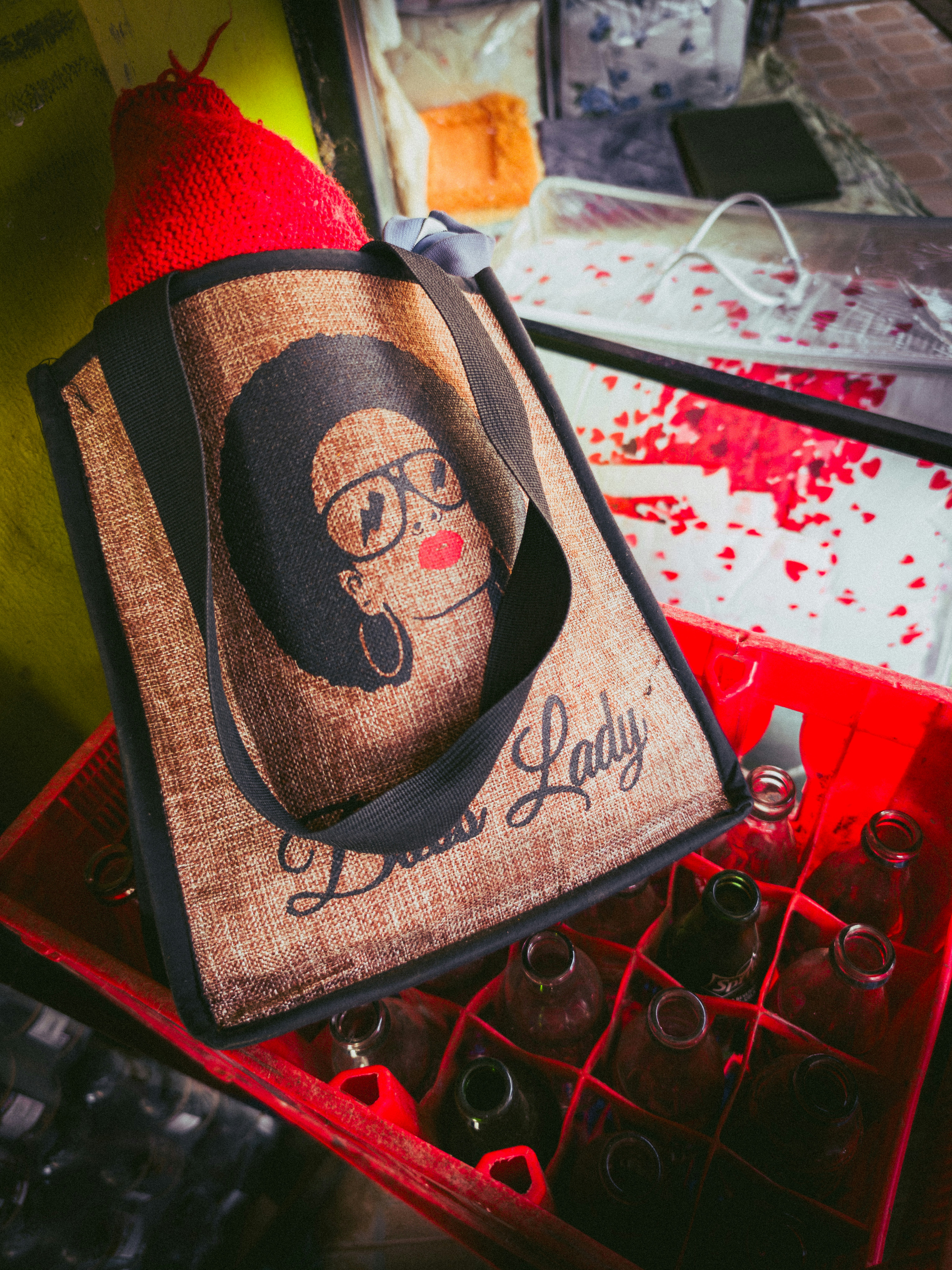 Lady in Burlap: A Handy Portrait in a Neon-Vinyl Corner