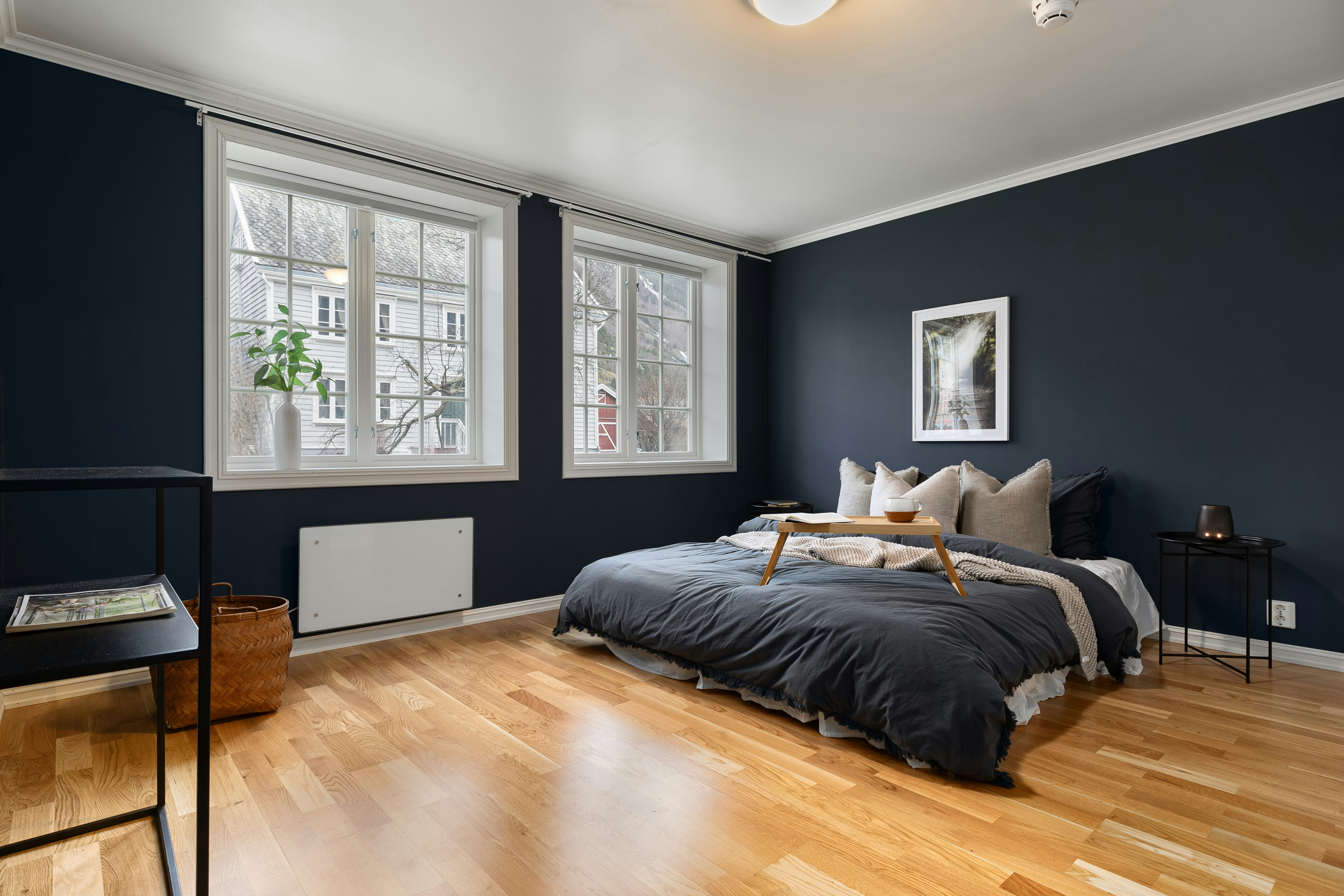 A bedroom with blue walls and wood floors photo – Free Indoors Image on ...