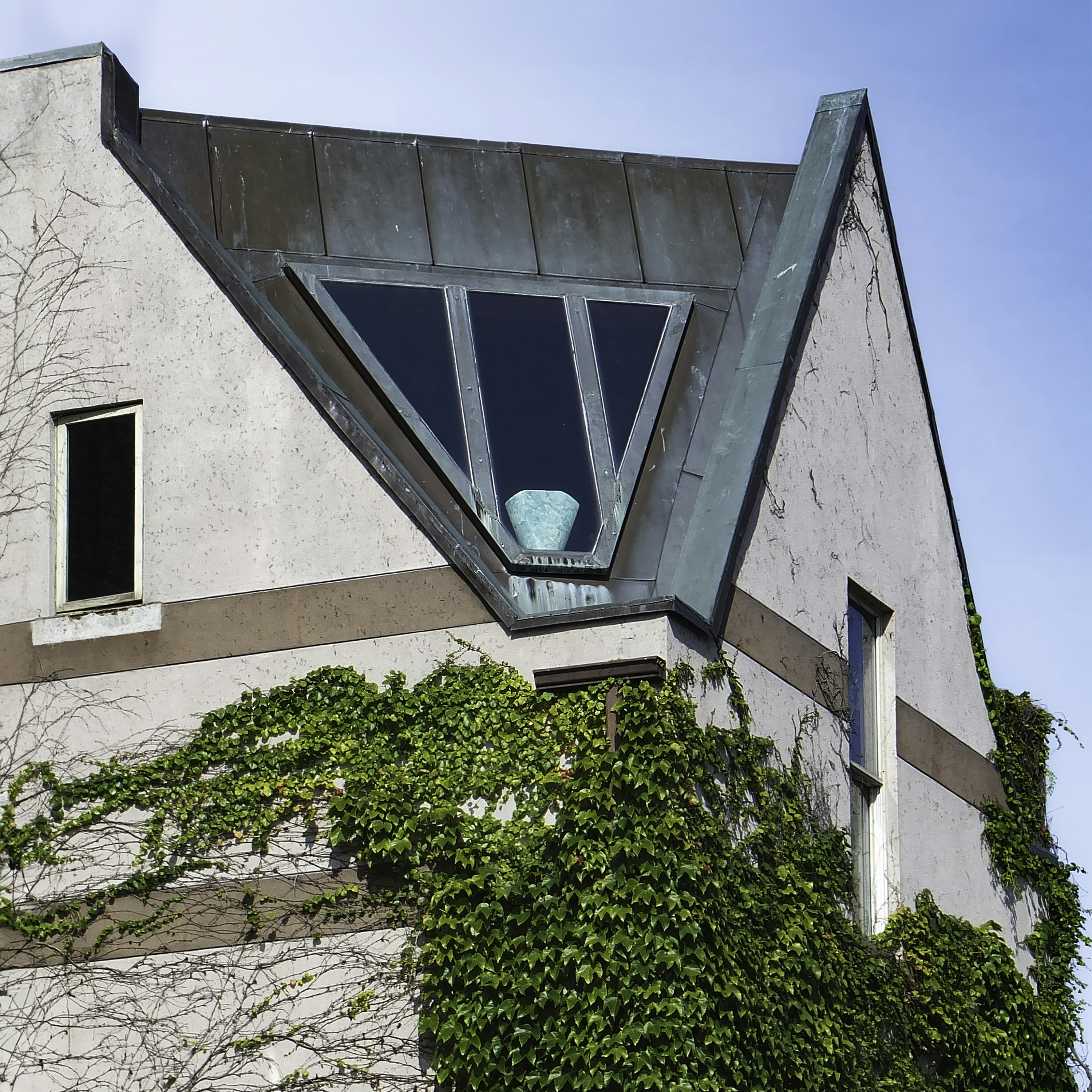 A house with a triangle shaped window and a green plant growing up the ...