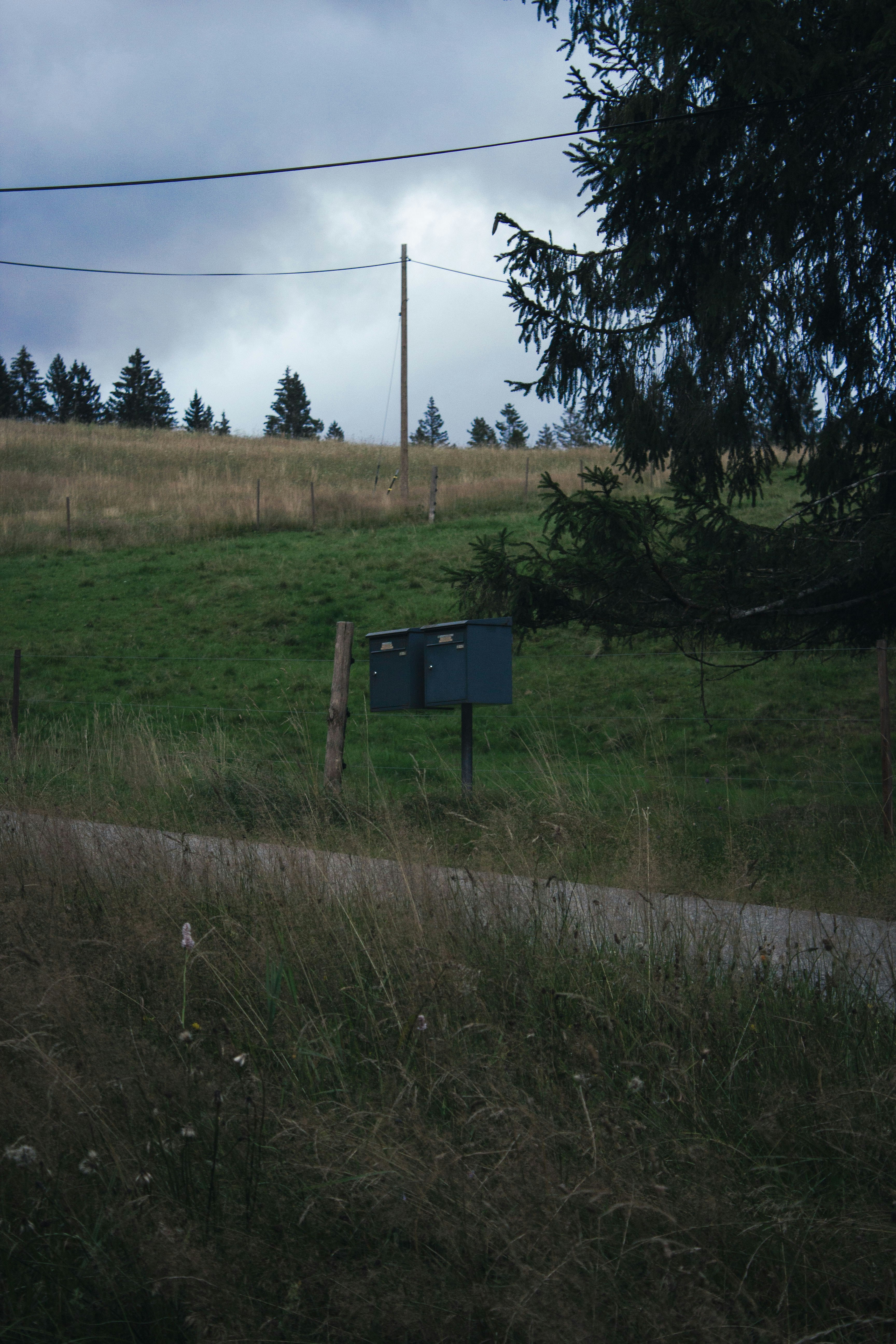 Twin blue mailboxes anchor a quiet rural verge beneath a brooding sky