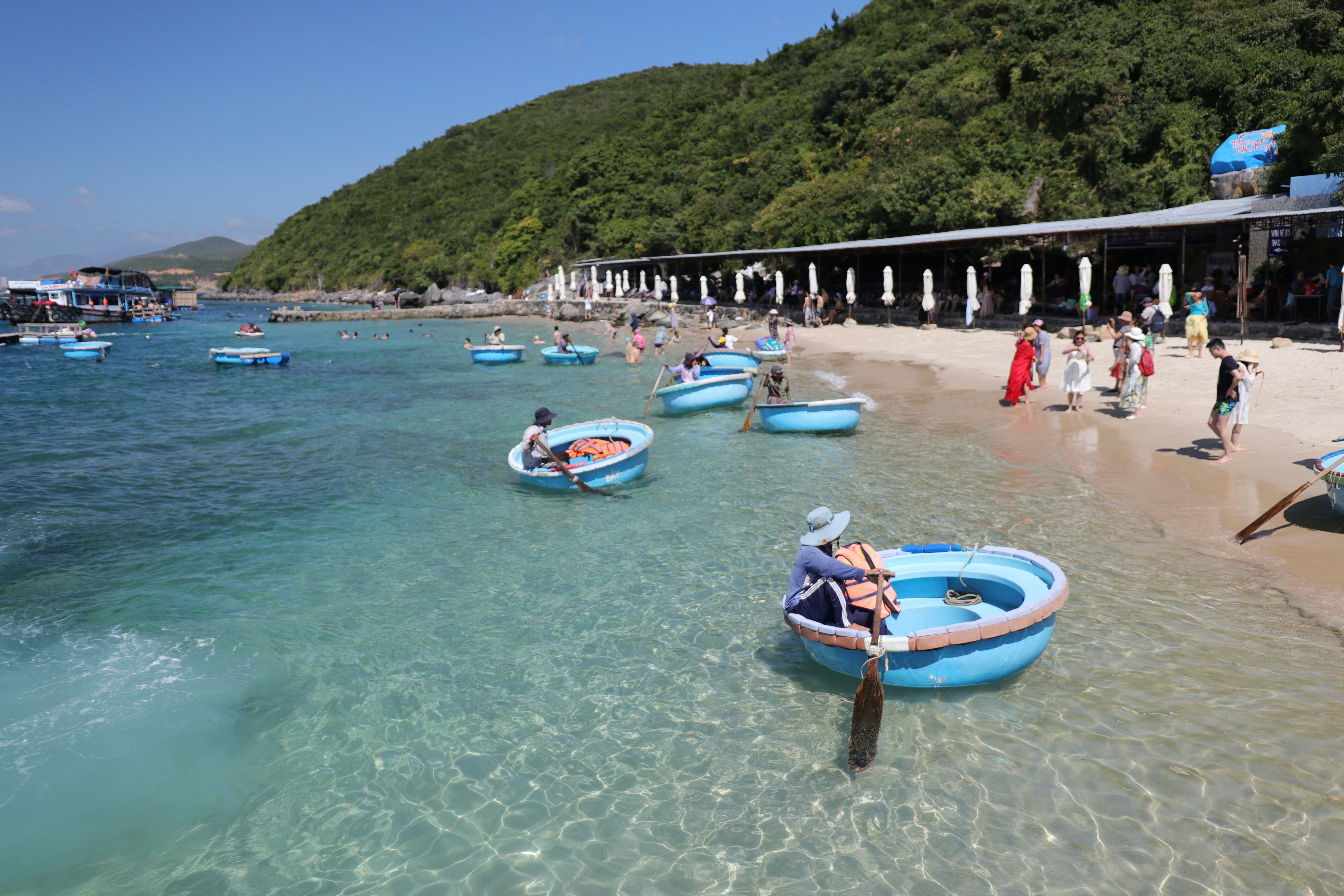 Circles of Blue: Round Boats Rest Along a Sunlit Shore